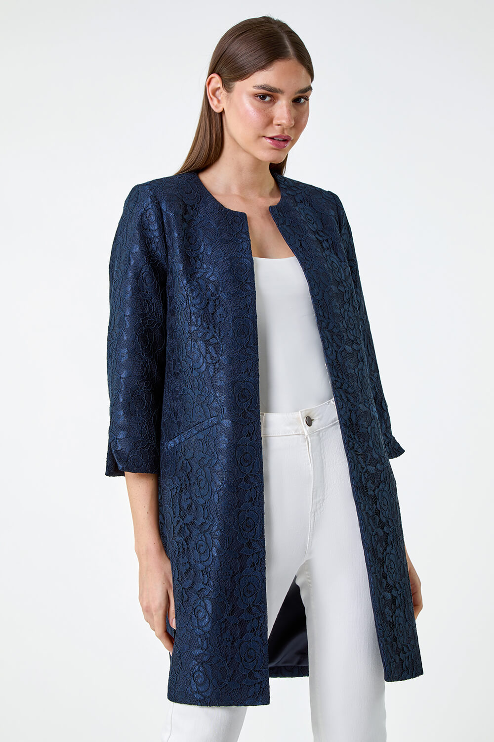 Navy Lace Longline Formal Jacket | Roman UK
