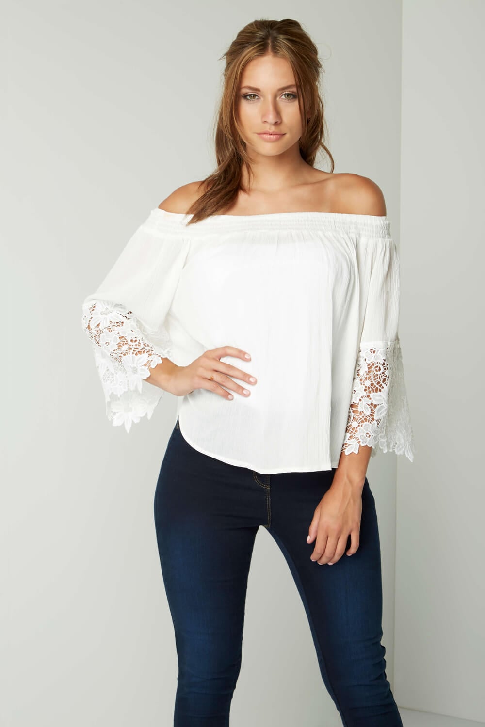 Lace Frill Sleeve Bardot Top in Ivory - Roman Originals UK