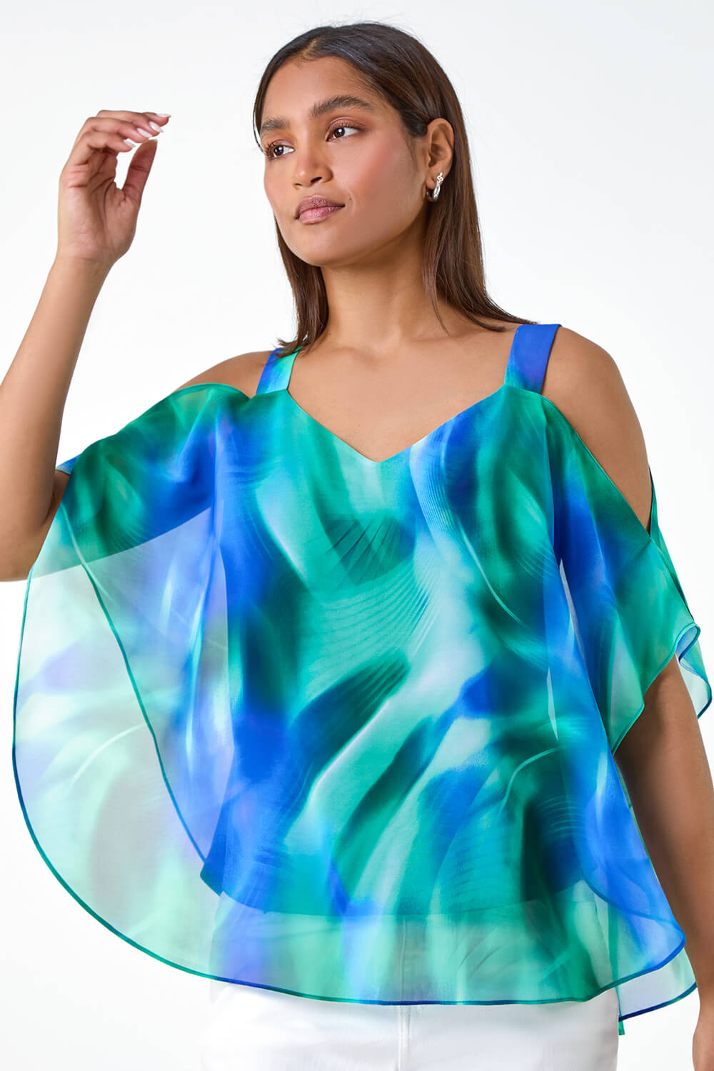 Blue Abstract Print Cold Shoulder Overlay Top | Roman UK
