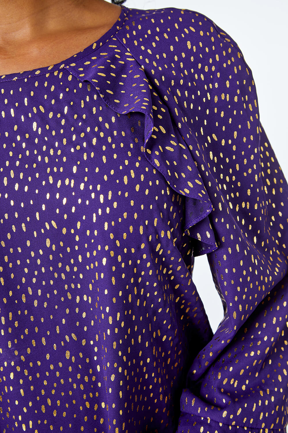 Petite Metallic Spot Frill Top in Purple - Roman Originals UK