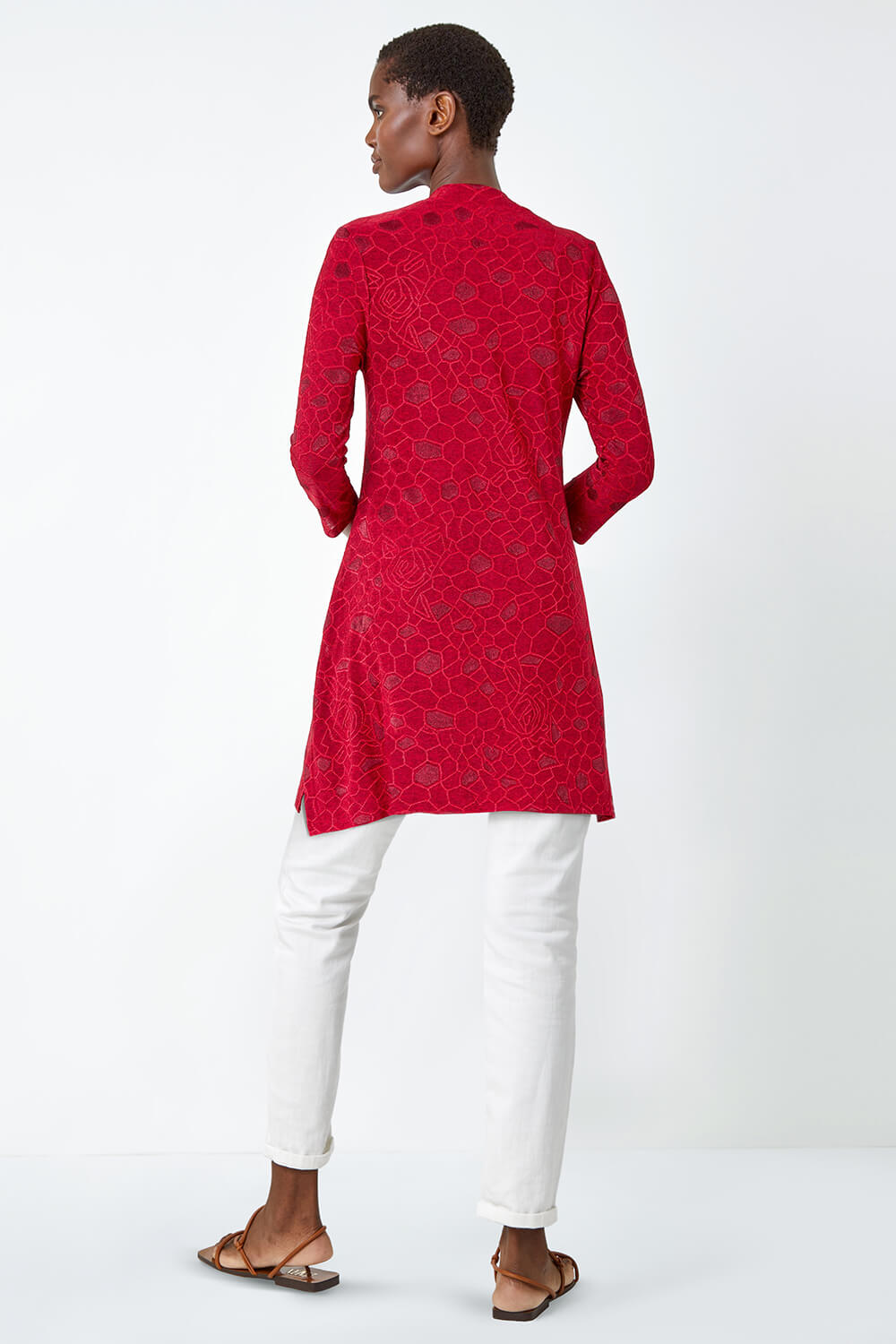 Red Textured Print Keyhole Tunic Stretch Top | Roman UK