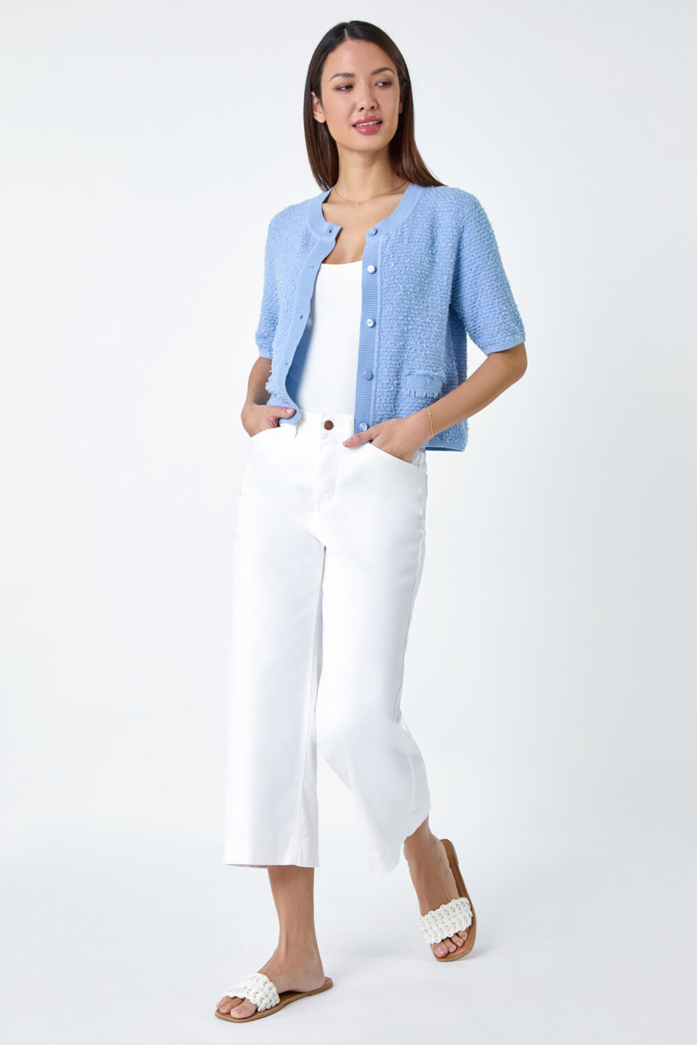 Light Blue Fringe Detail Sparkle Button Cotton Cardigan | Roman UK