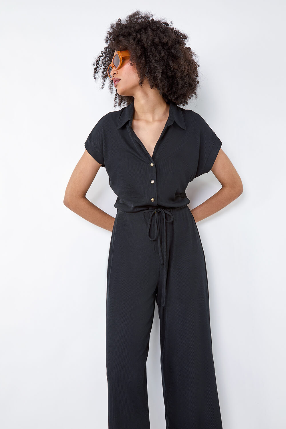 Black Plain Ribbed Stretch Jersey Jumpsuit | Roman UK