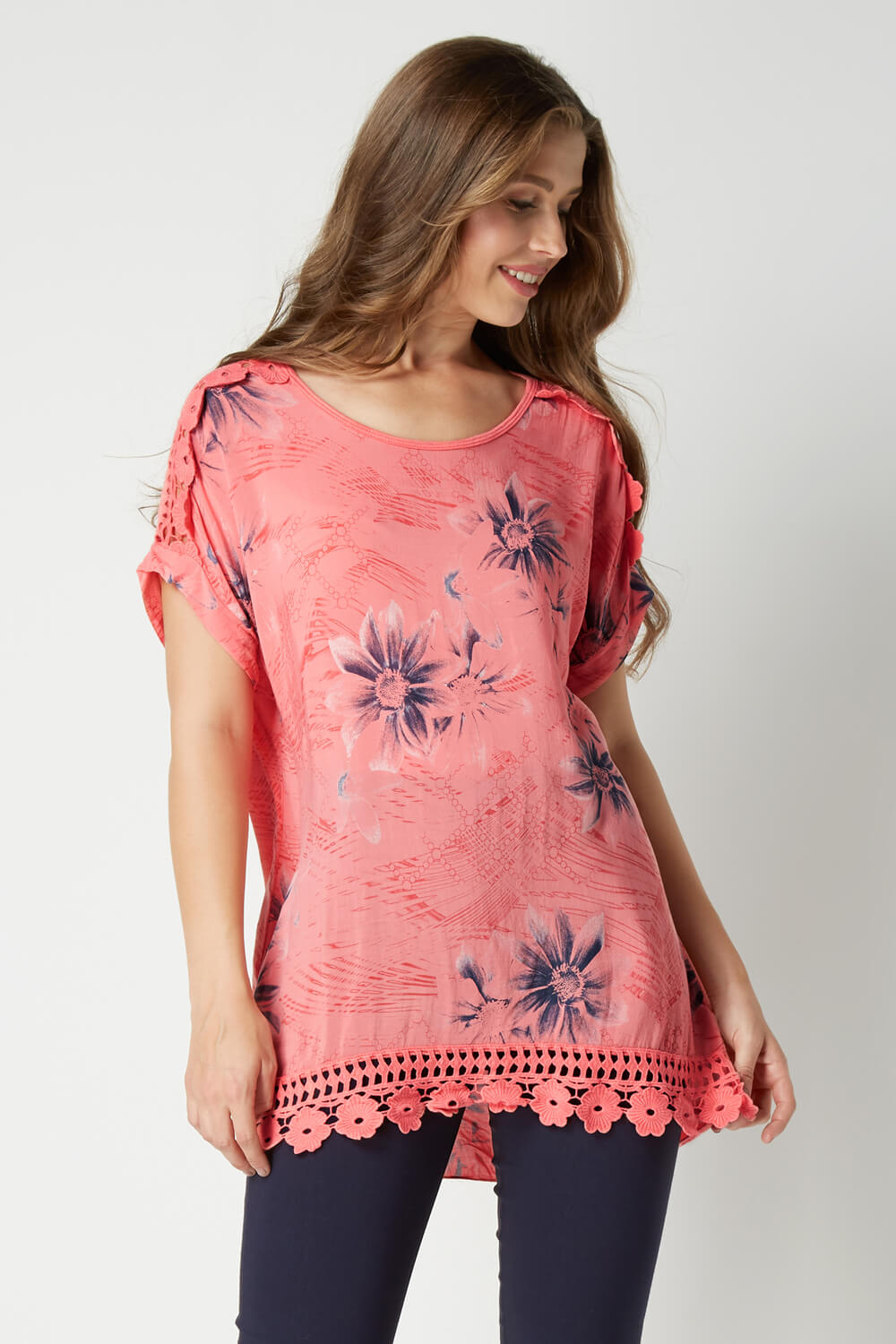Lace Trim Floral Top in Pink - Roman Originals UK