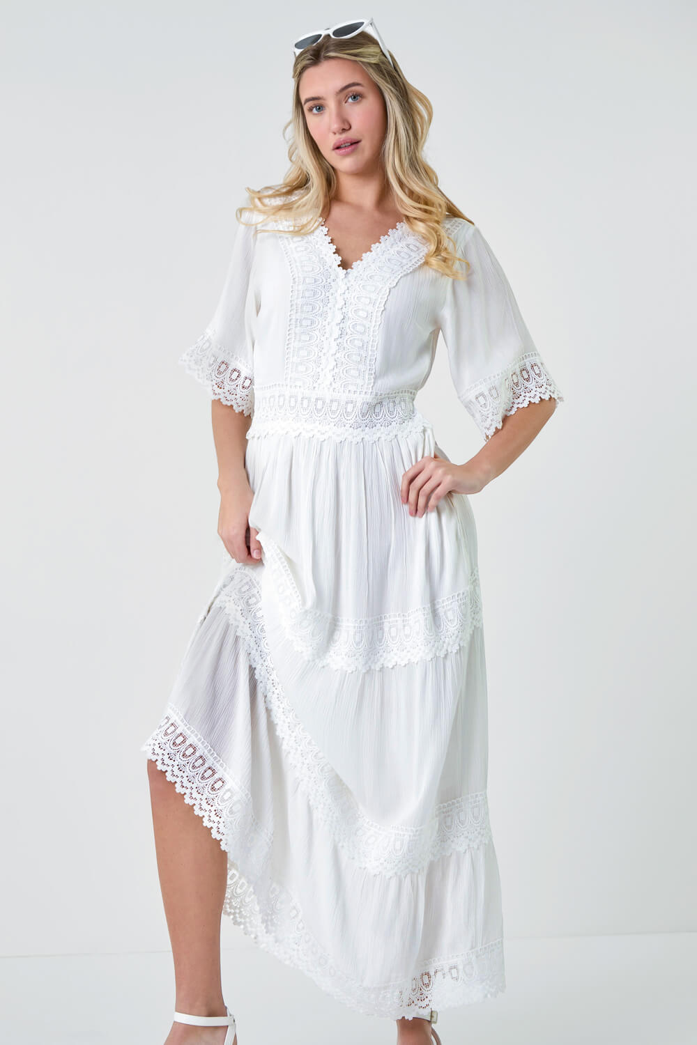 Ivory Tiered Lace Detail Maxi Dress | Roman UK