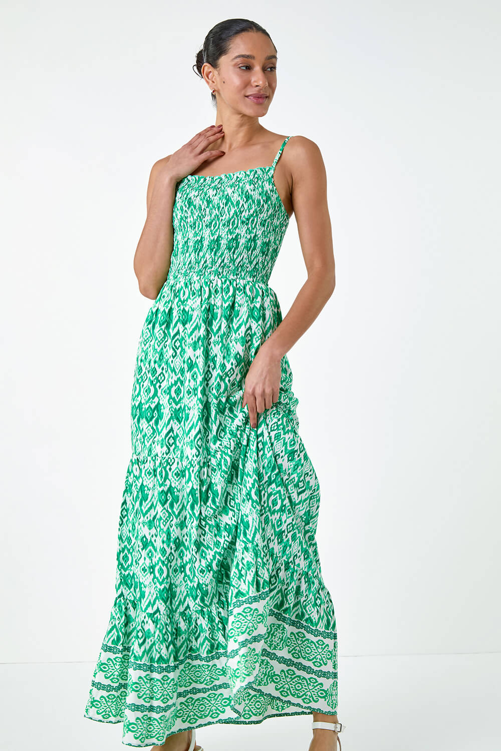 Green Aztec Border Print Shirred Maxi Dress | Roman UK