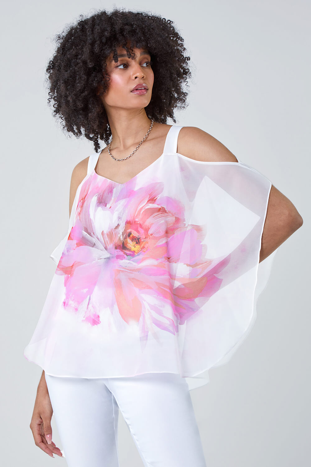 Ivory Floral Print Cold Shoulder Overlay Top | Roman UK