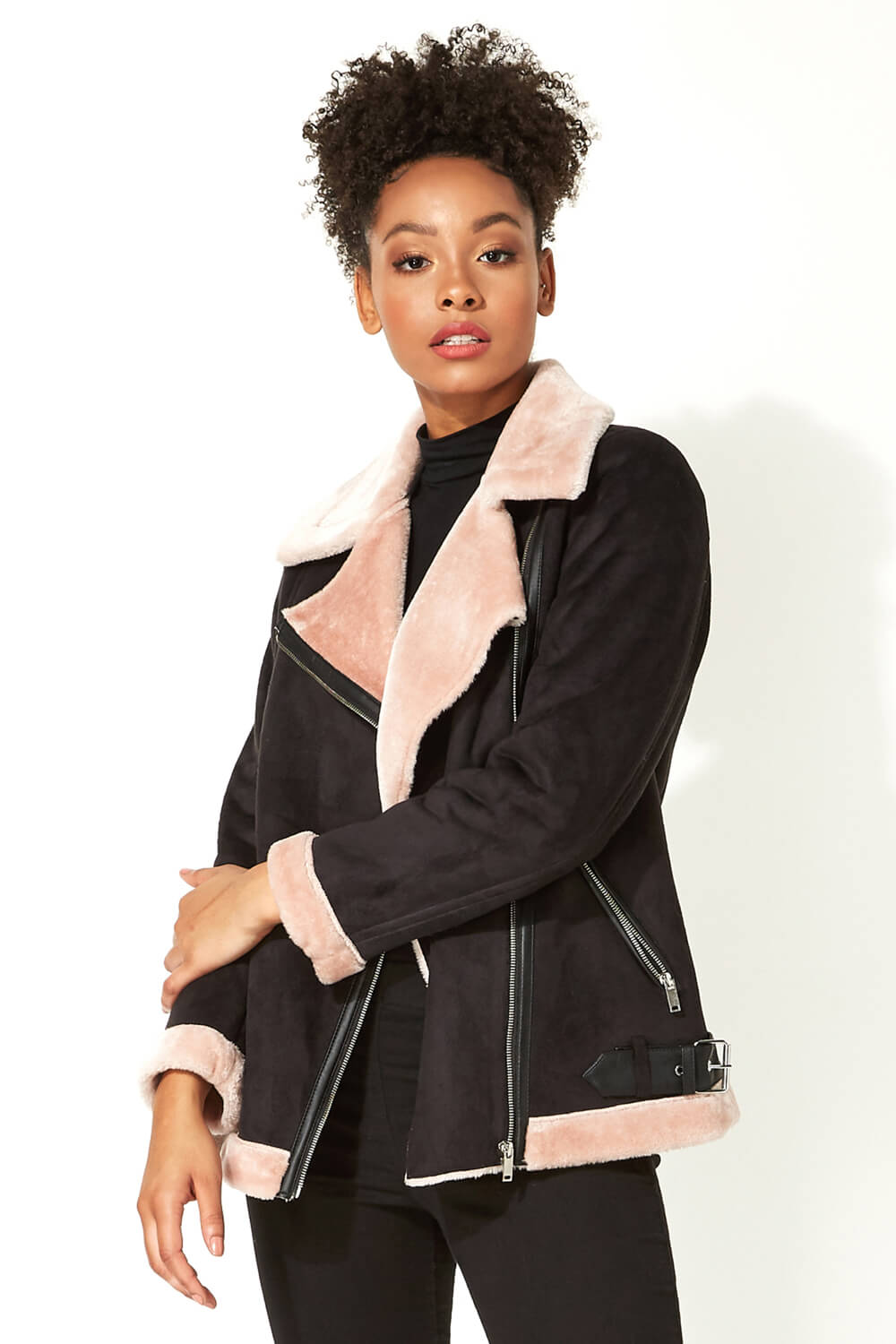Faux Fur Contrast Biker Jacket in Black - Roman Originals UK