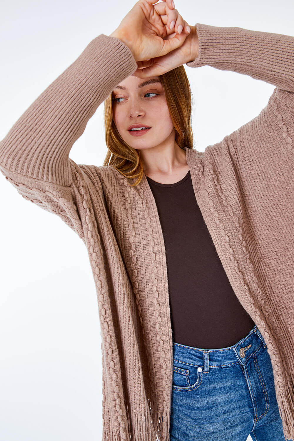 Textured Fringed Cardigan in Mocha - Roman Originals UK
