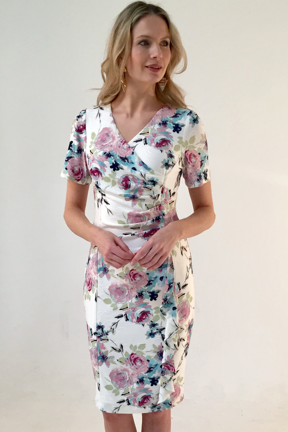 Floral Print Crossover Frill Dress in IVORY - Roman Originals UK