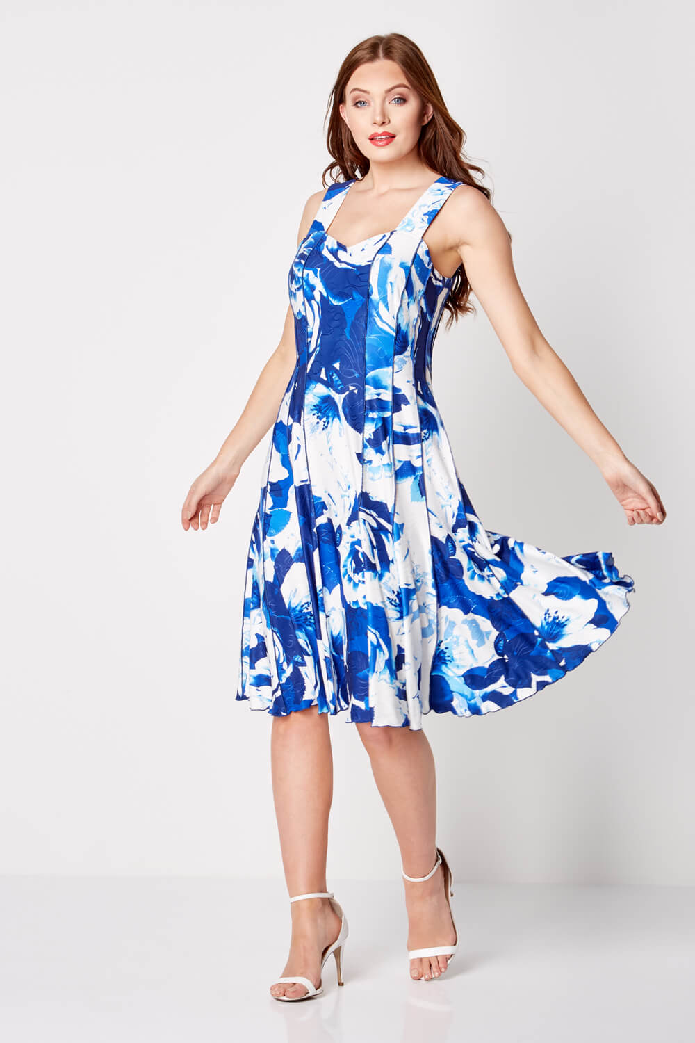 Multi Panel Jacquard Floral Dress in Blue - Roman Originals UK