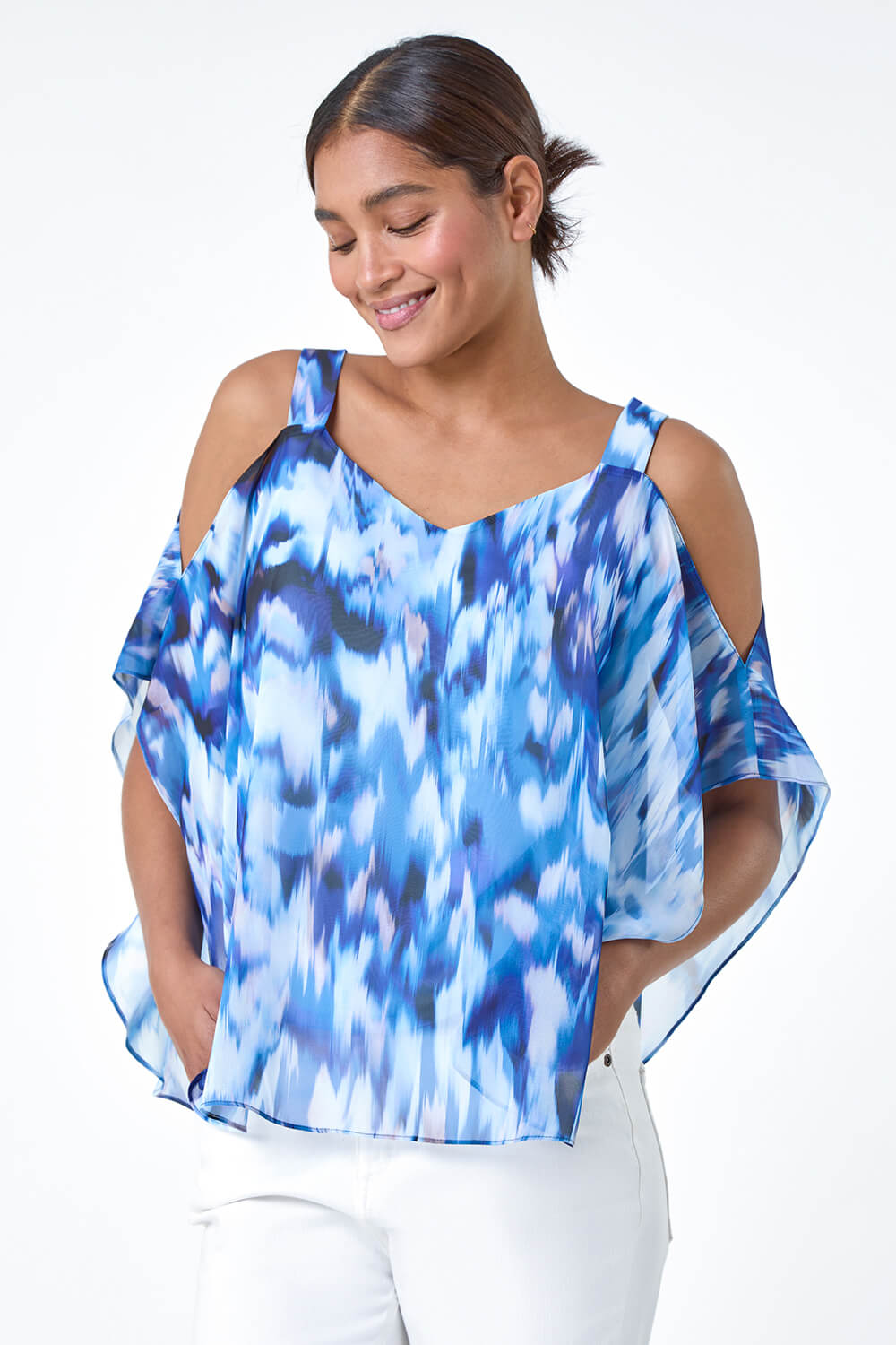 Blue Abstract Print Cold Shoulder Overlay Top | Roman UK