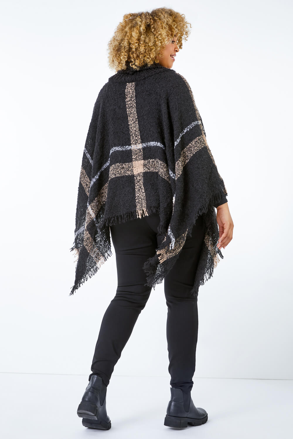 Curve Check Print Roll Neck Poncho in Black - Roman Originals UK