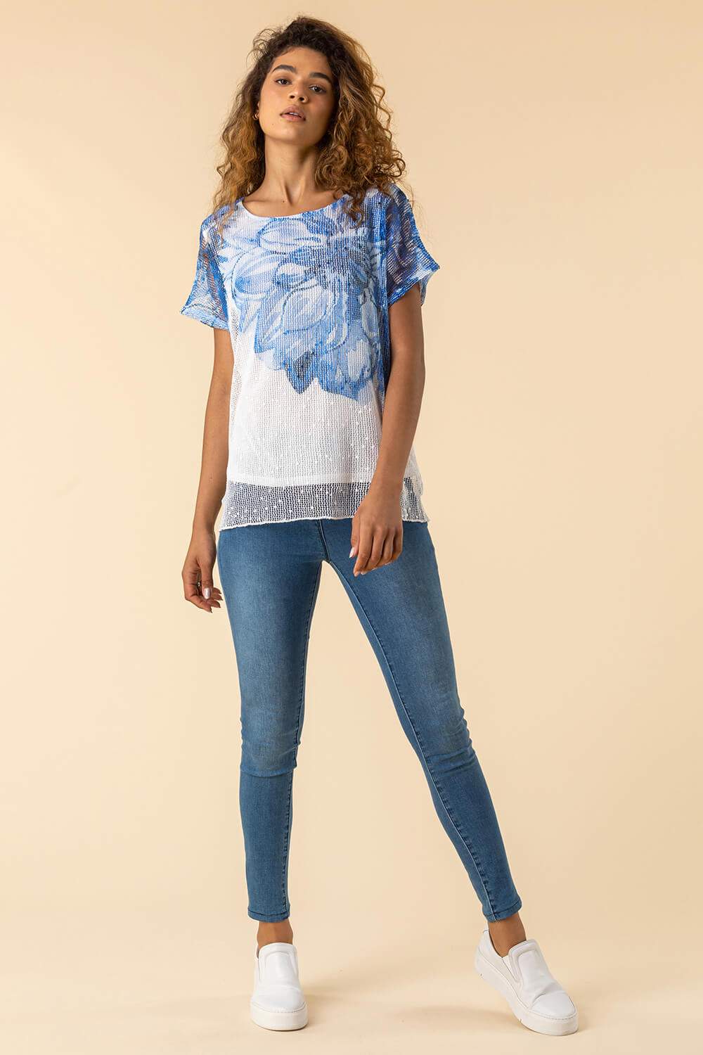 Mesh Overlay Floral Print T-Shirt in Blue - Roman Originals UK