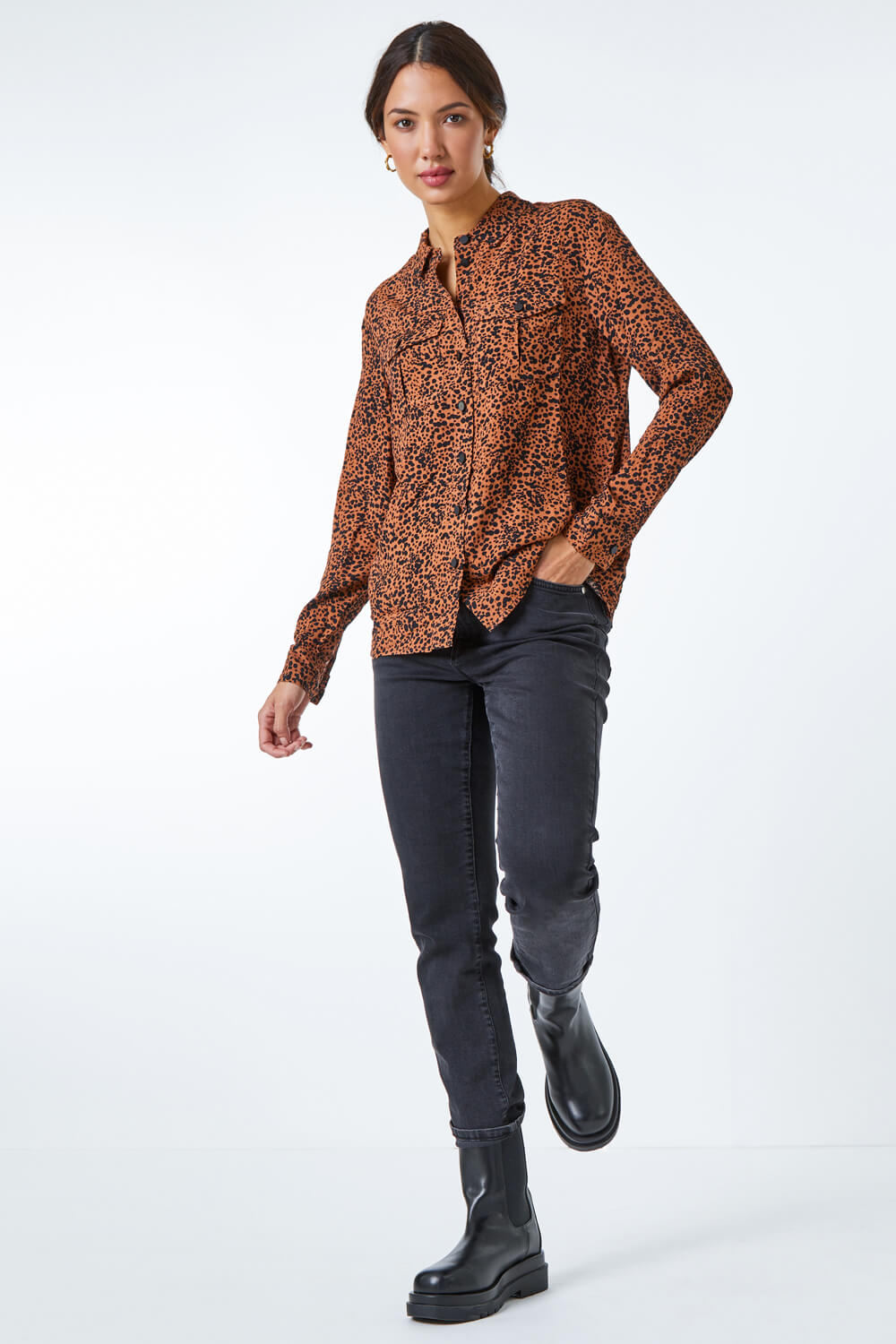 Camel Leopard Print Pocket Detail Long Sleeve Blouse | Roman UK