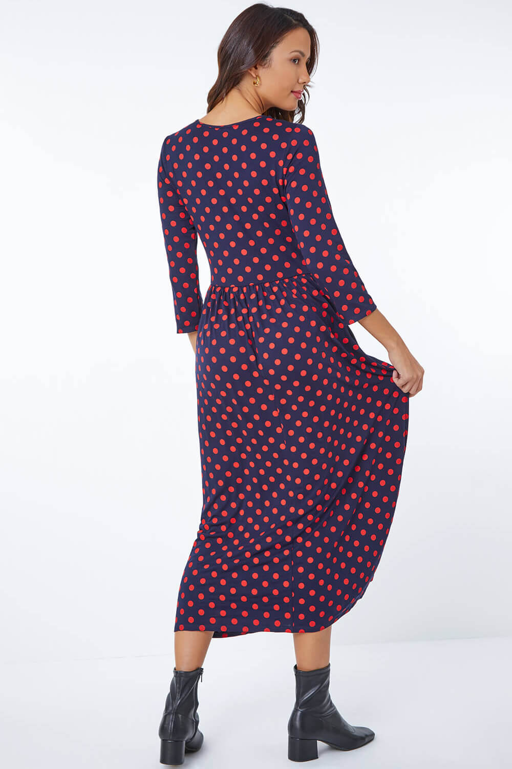 Spot Print Gathered Waist Midi Dress in Red - Roman Originals UK