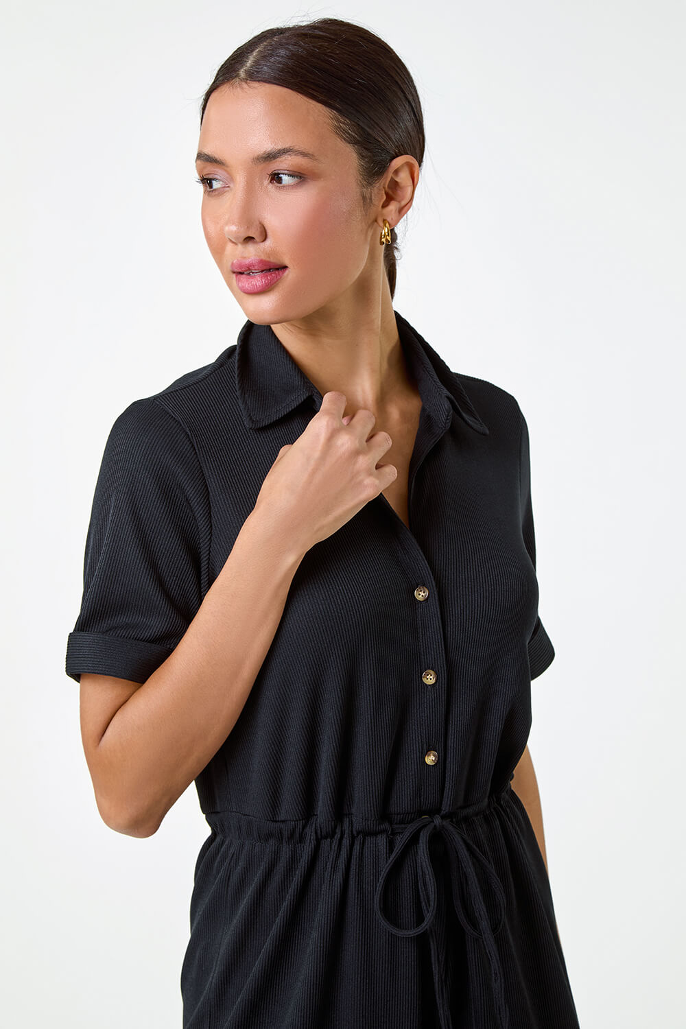 Black Plain Ribbed Stretch Playsuit | Roman UK