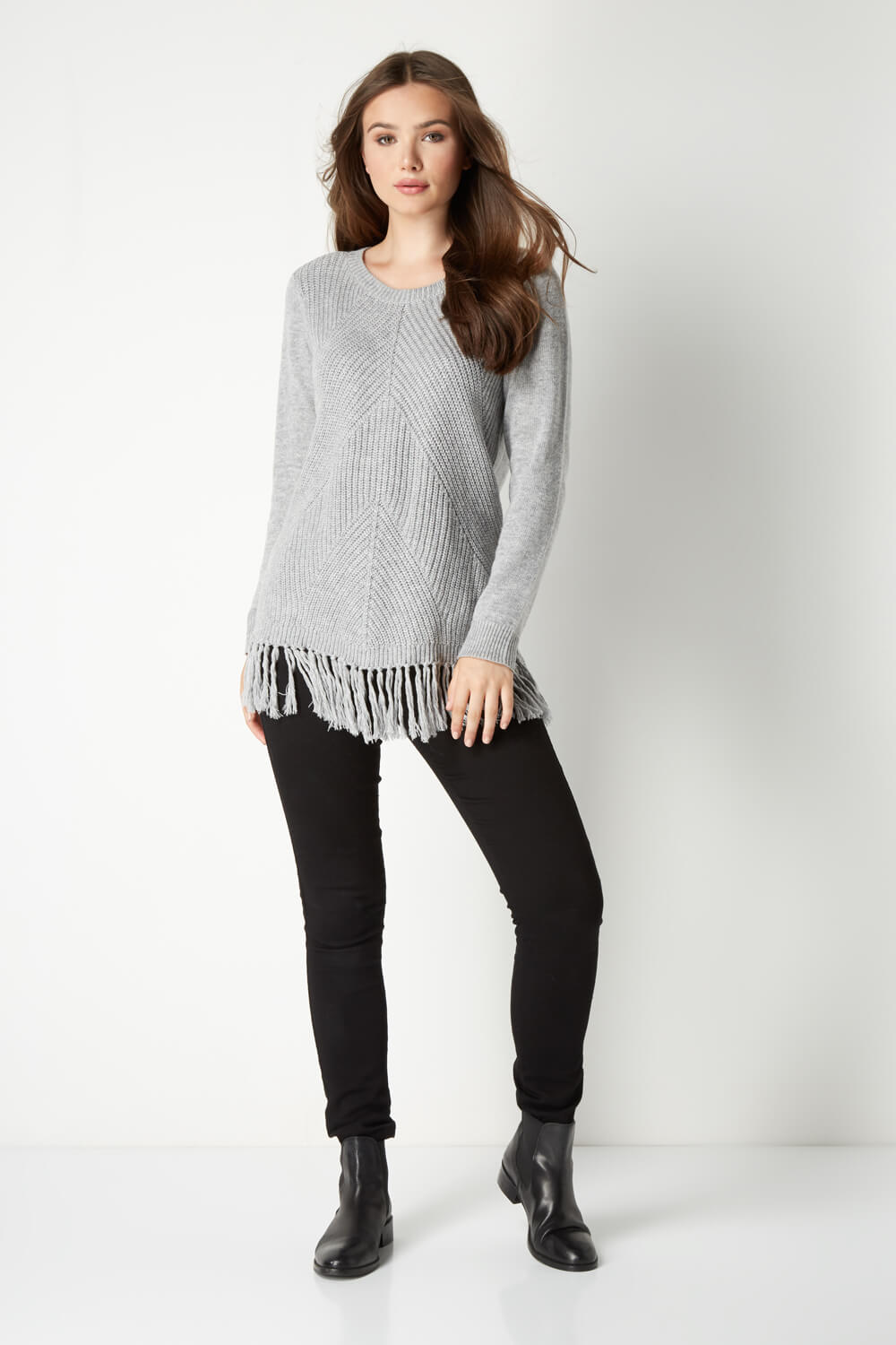 Fringe Hem Jumper in Grey - Roman Originals UK