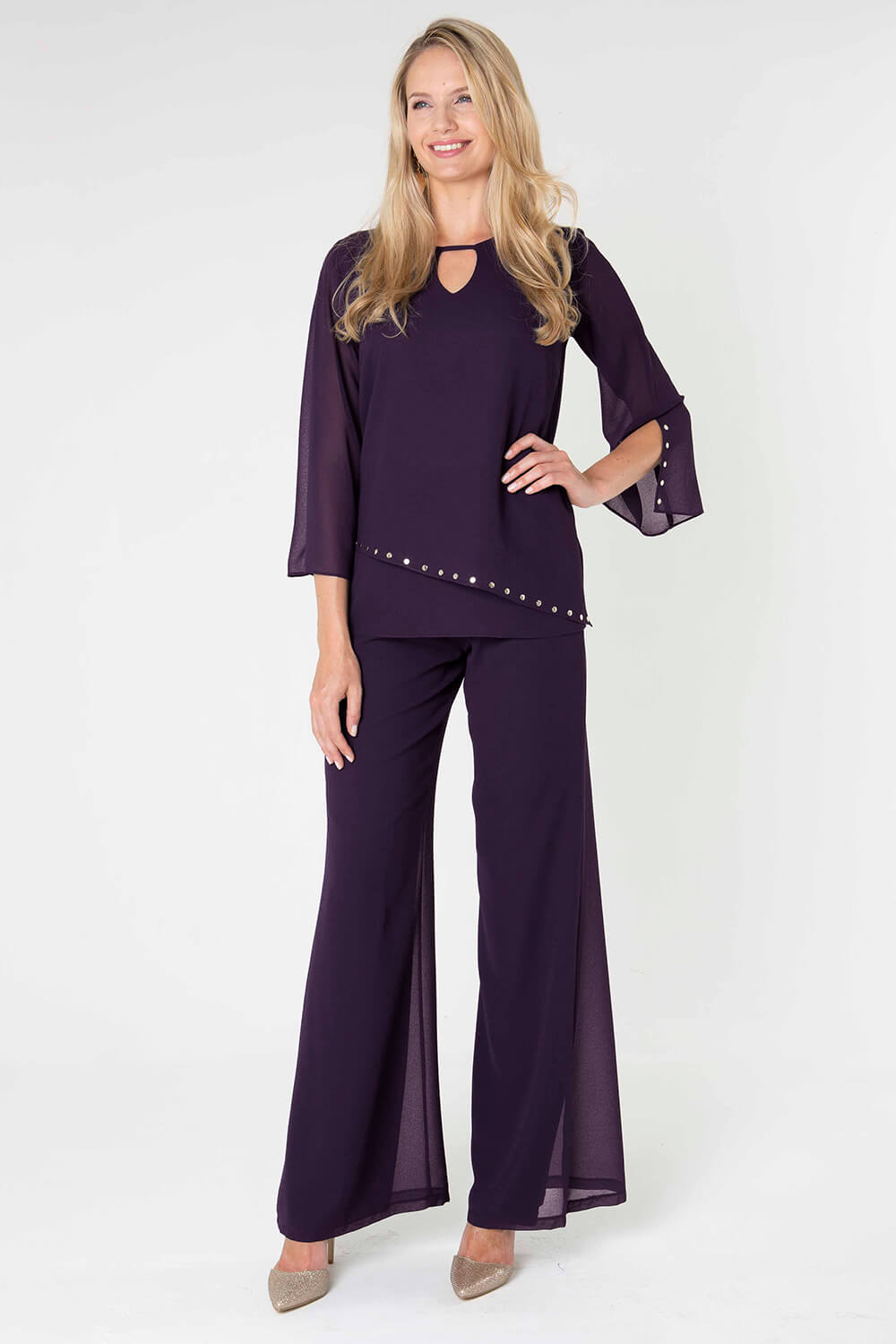Glitz Double Layer Embellished Top in PLUM - Roman Originals UK