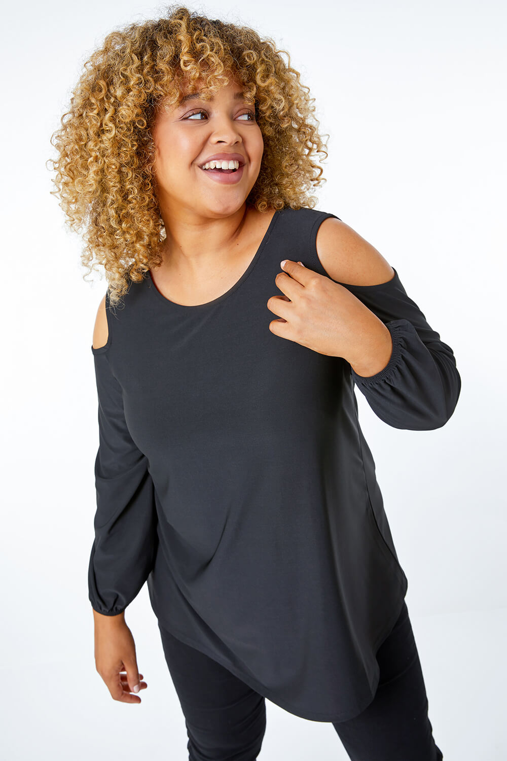 Curve Cold Shoulder Stretch Top in Black - Roman Originals UK