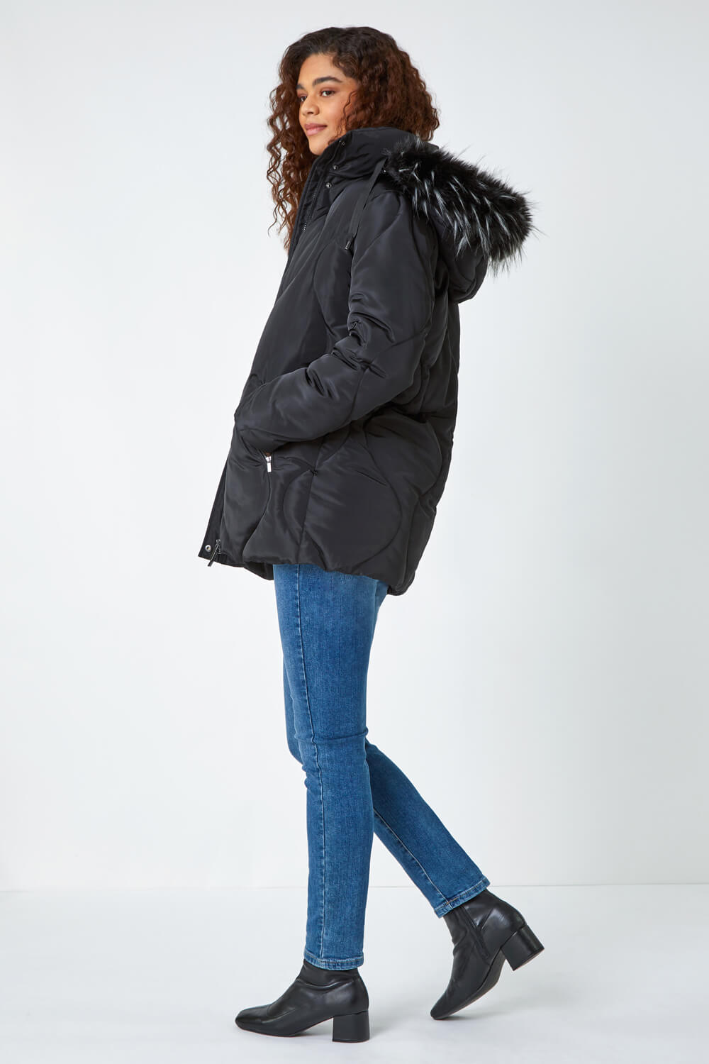 Black Quilted Faux Fur Hooded Coat | Roman UK