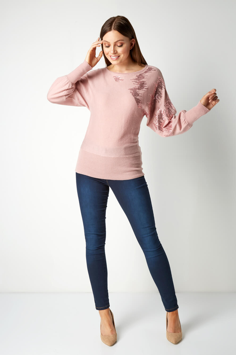 Sequin Detail Batwing Jumper in Pink - Roman Originals UK
