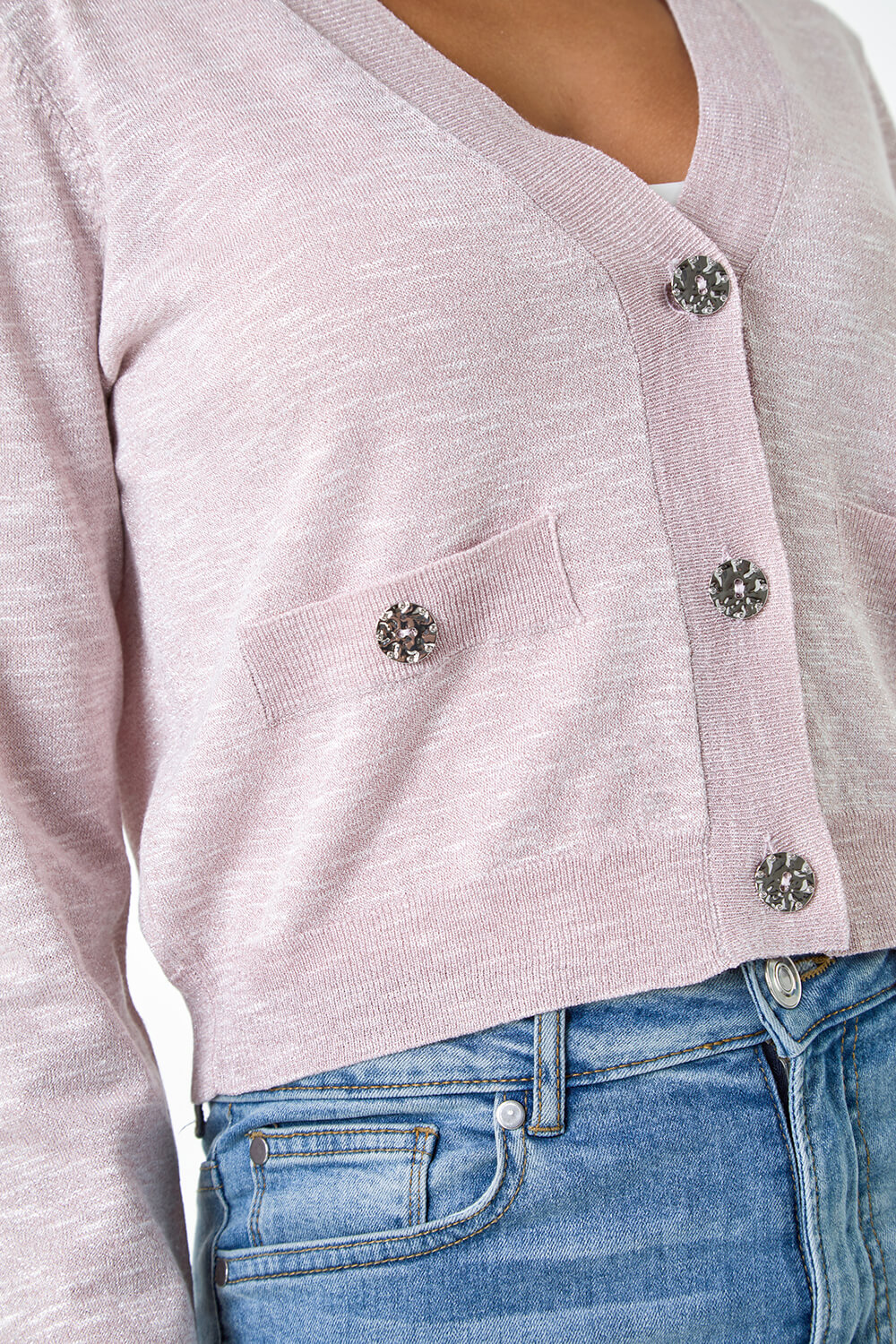 Light Pink Faux Pearl Shimmer Diamante Button Cardigan | Roman UK