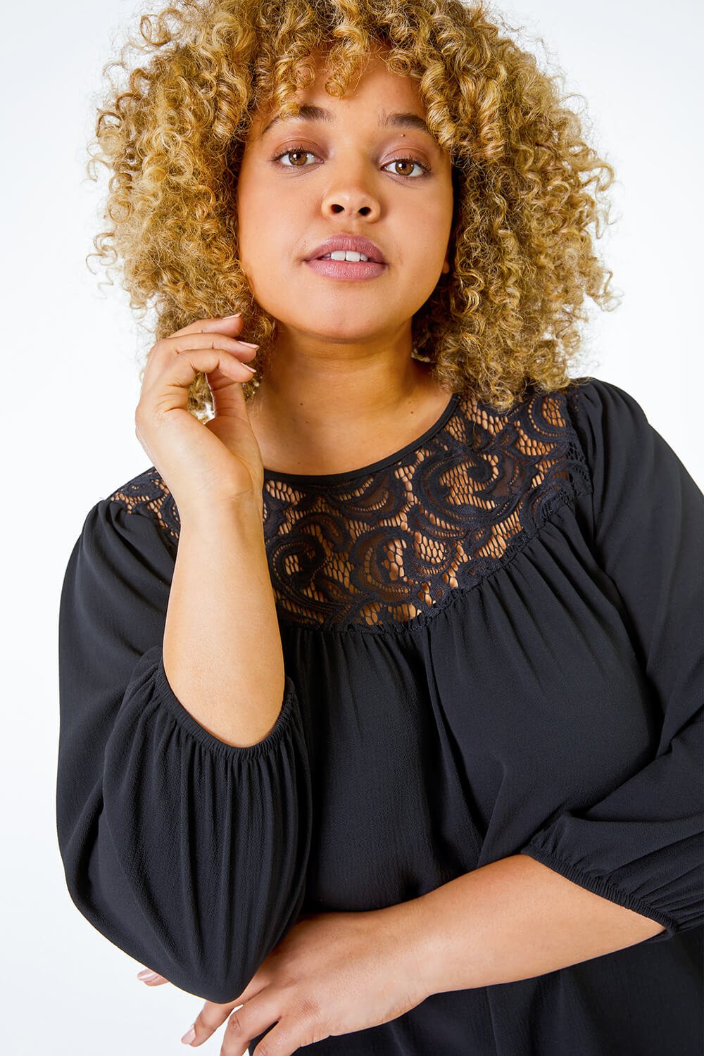 Curve Lace Panel Stretch Top in Black - Roman Originals UK