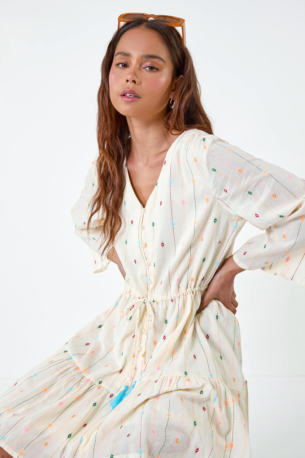 Ivory Petite Cotton Embroidered Smock Dress | Roman UK