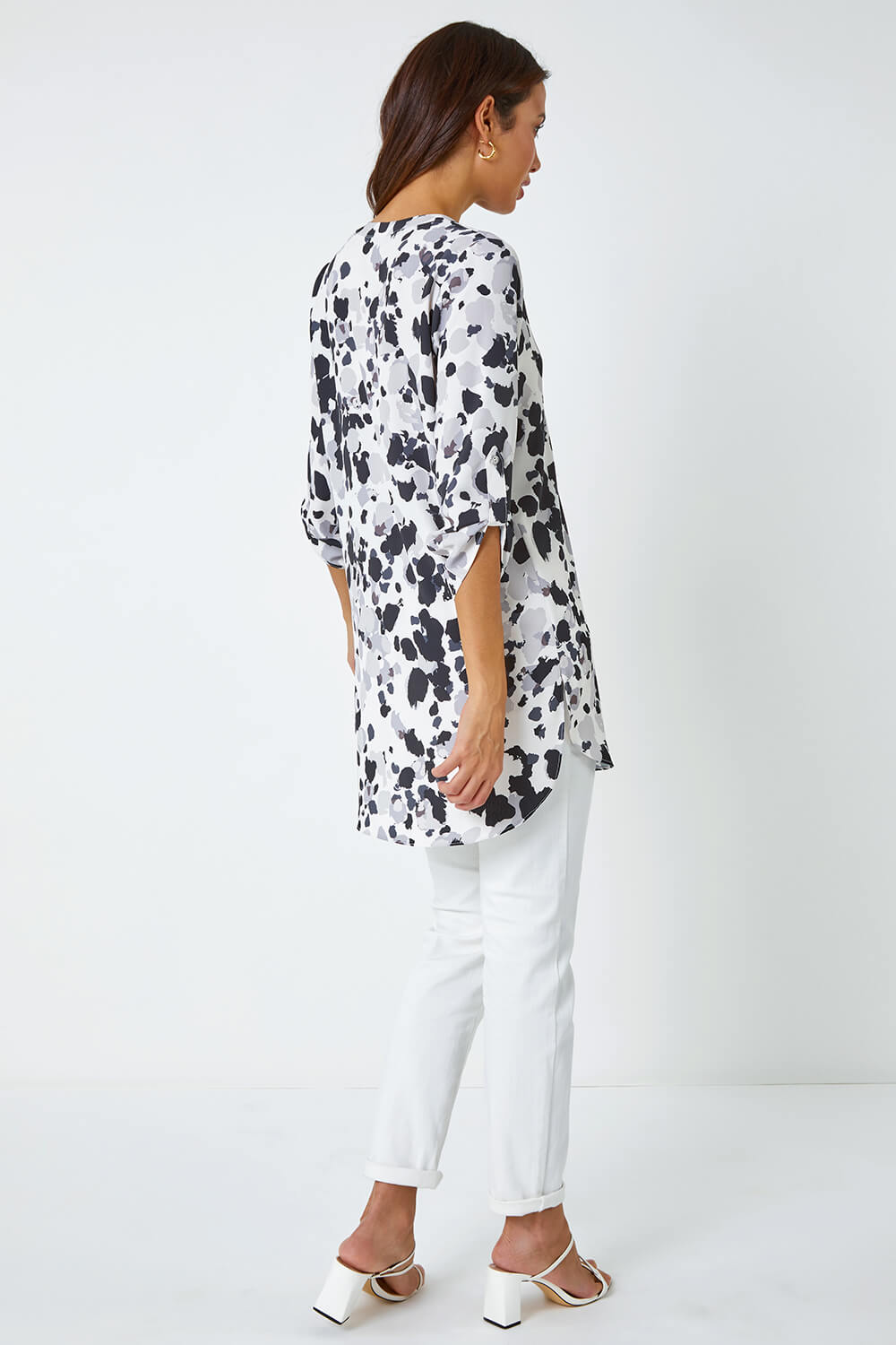 Abstract Print Longline Tunic Top in Grey - Roman Originals UK