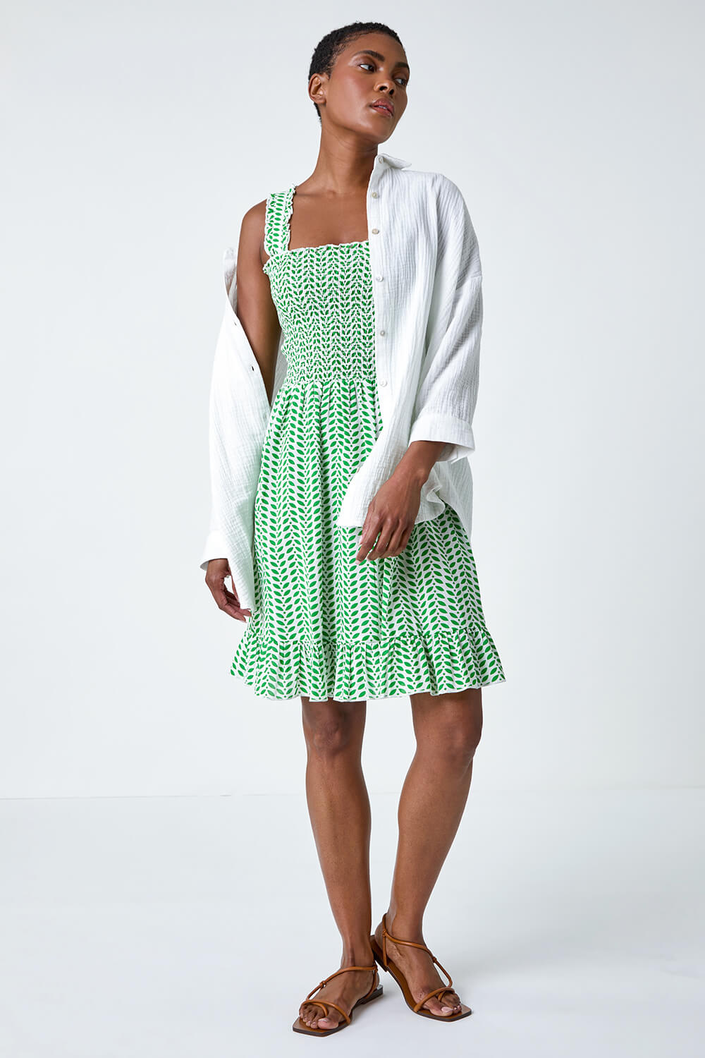 Green Zig Zag Print Shirred Cotton Dress | Roman UK
