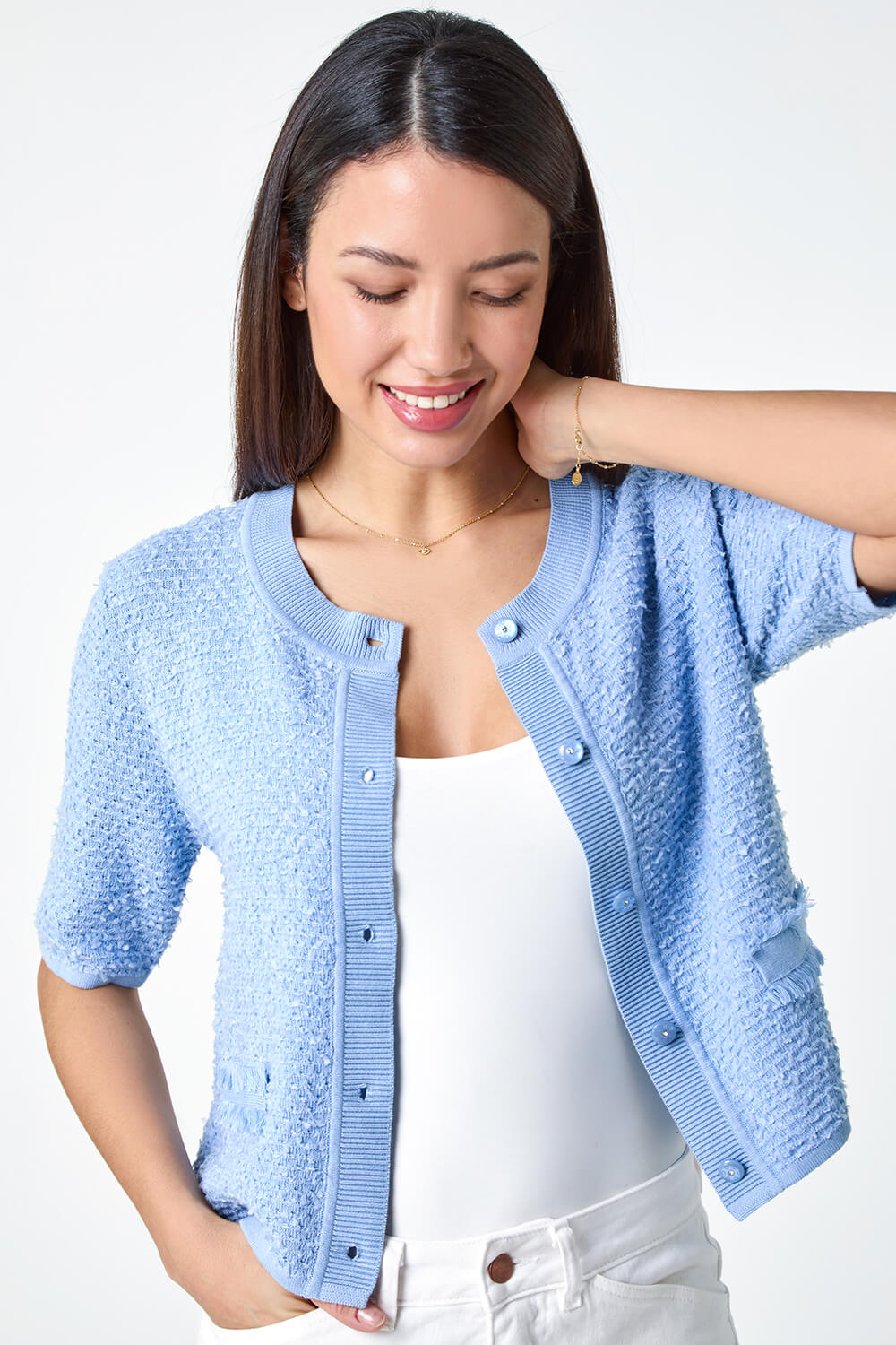 Light Blue Fringe Detail Sparkle Button Cotton Cardigan | Roman UK