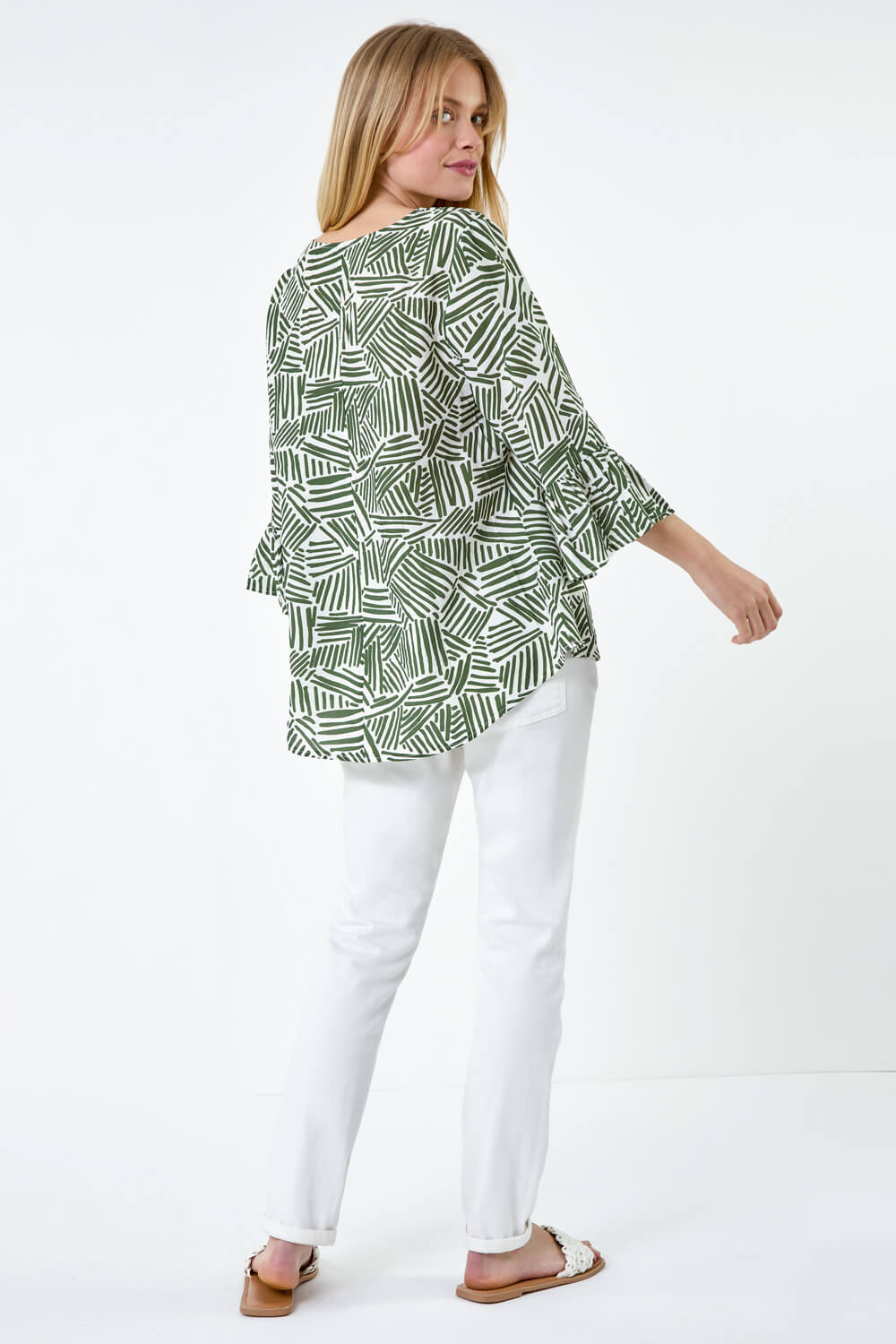 Khaki Abstract Print Frill Detail Top | Roman UK