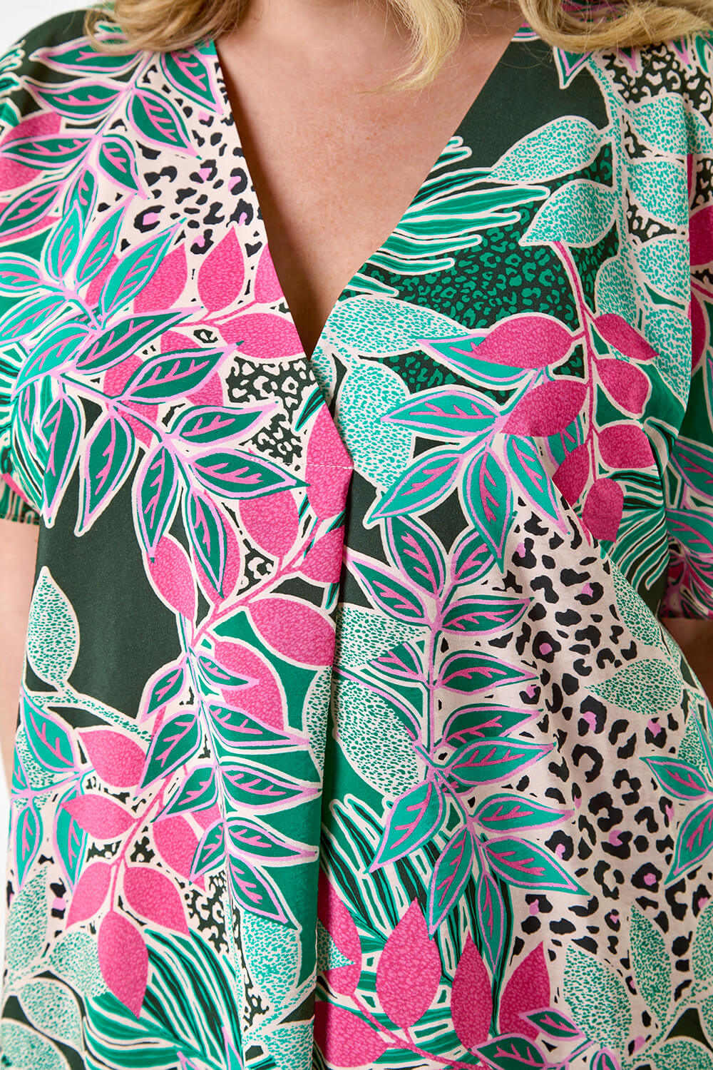 Green Curve Tropical Print Pleat Front Top | Roman UK