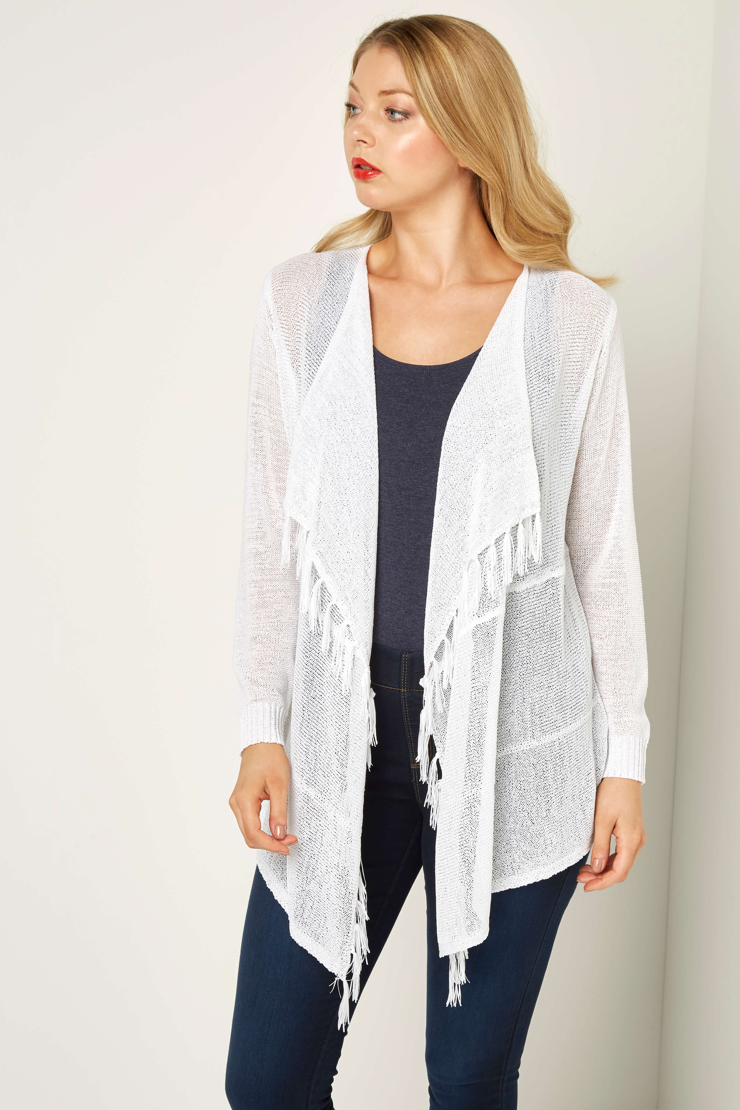 Lightweight Fringe Detail Cardigan in Ivory - Roman Originals UK