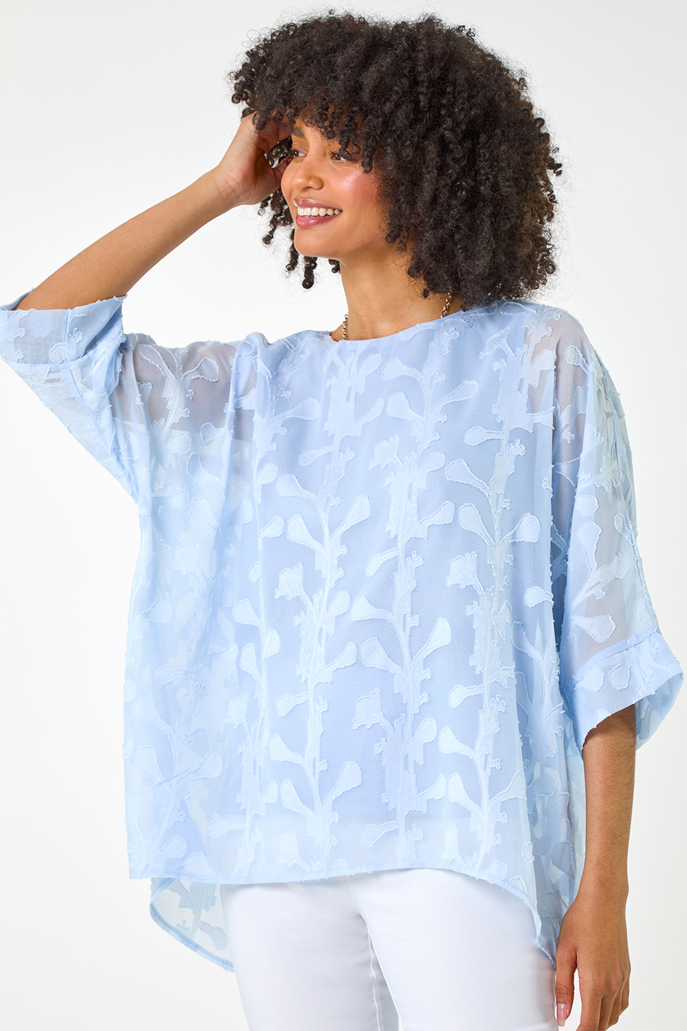 Blue Burnout Floral Dipped Hem Overlay Top | Roman UK