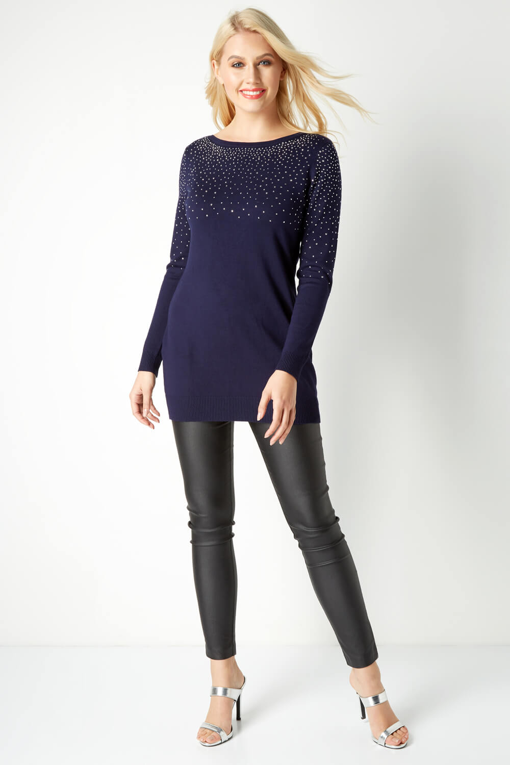 Stud Embellished Knitted Tunic in Midnight Blue - Roman Originals UK