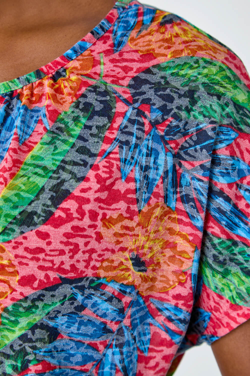 Red Leaf Print Burnout Stretch T-Shirt | Roman UK