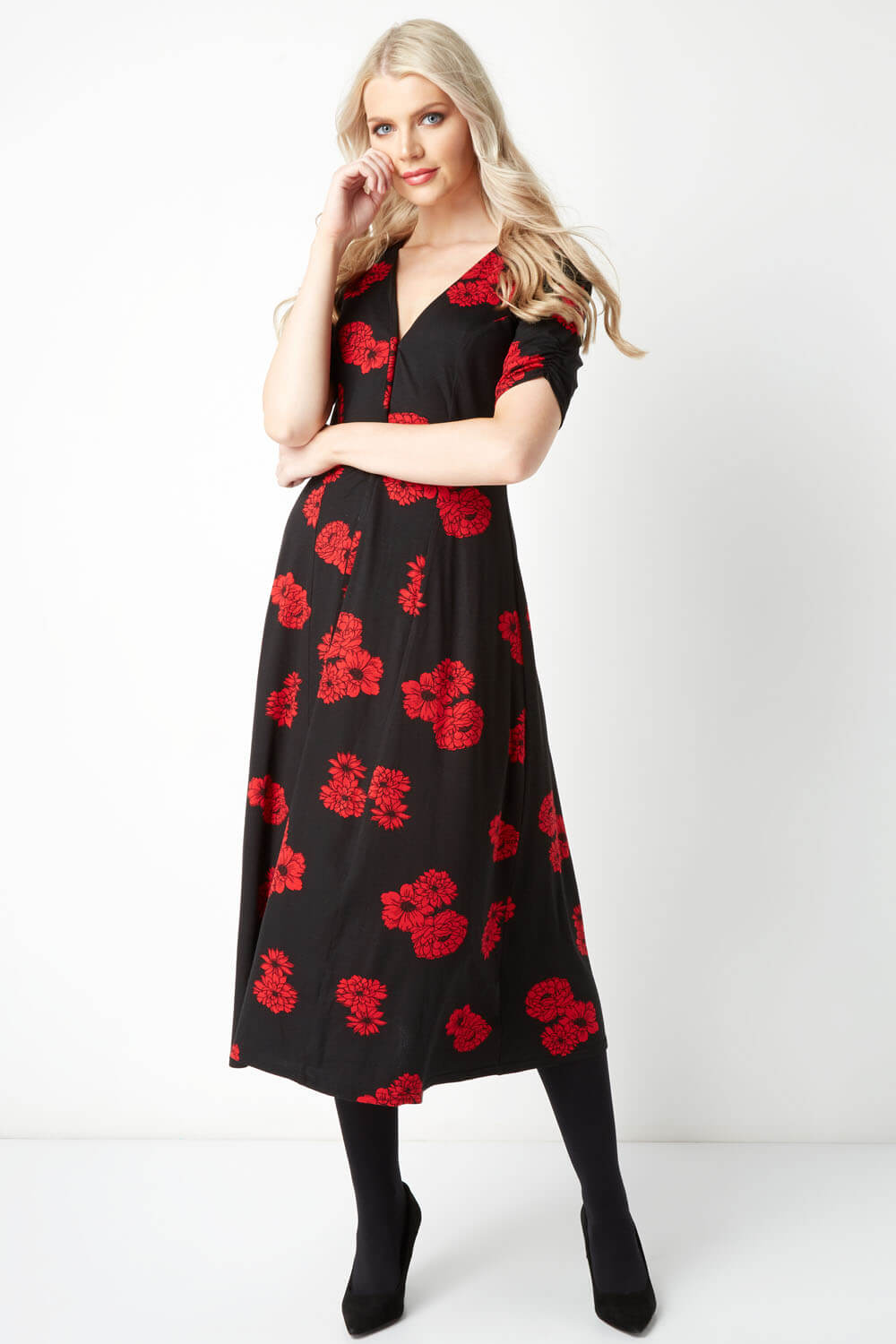 Floral Midi Tea Dress in Red - Roman Originals UK