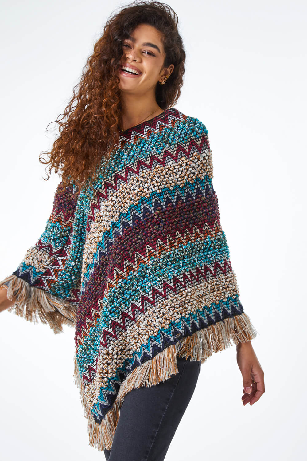 Boucle Tasseled Poncho in Multi - Roman Originals UK