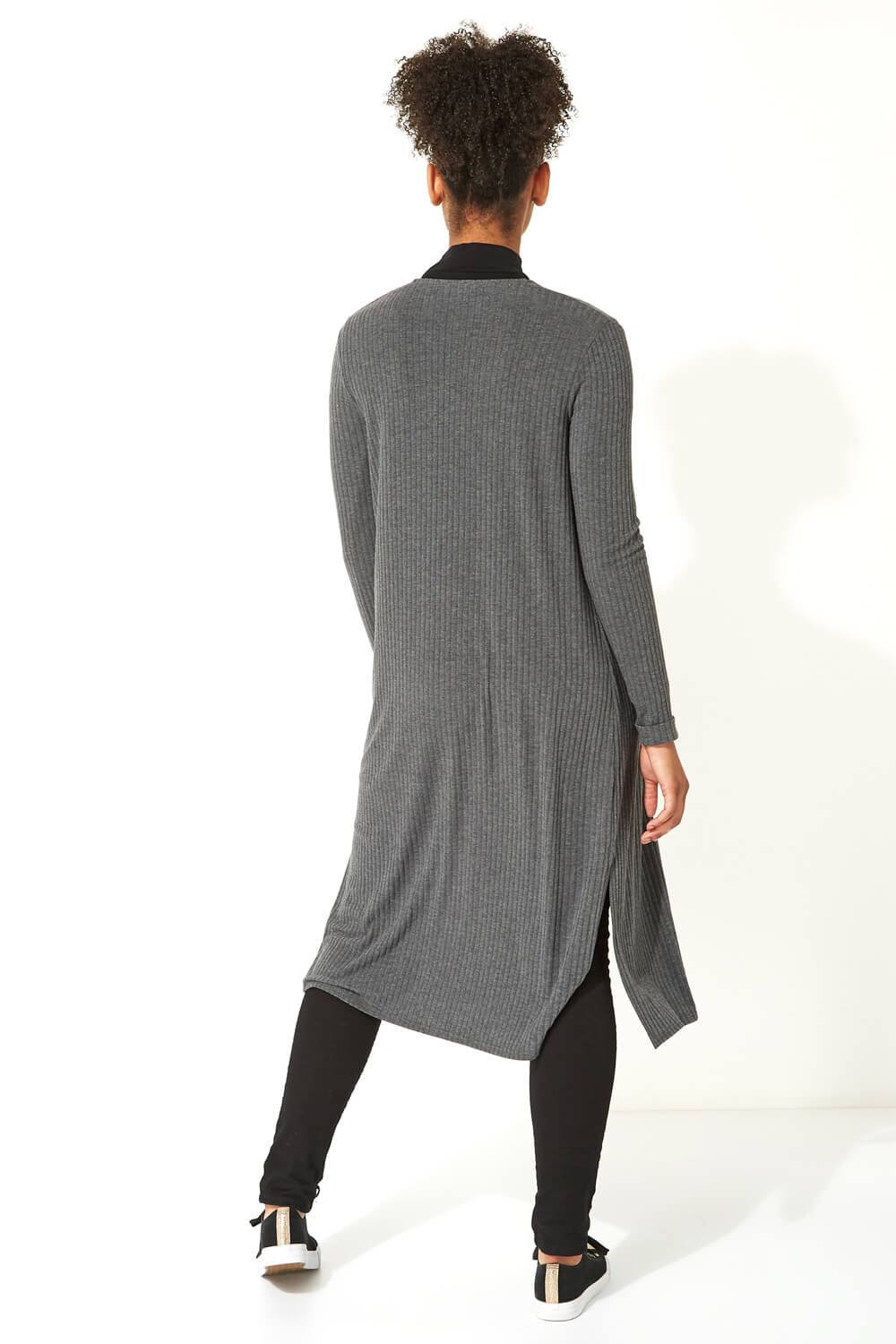 Longline Ribbed Long Sleeve Cardigan in Grey - Roman Originals UK