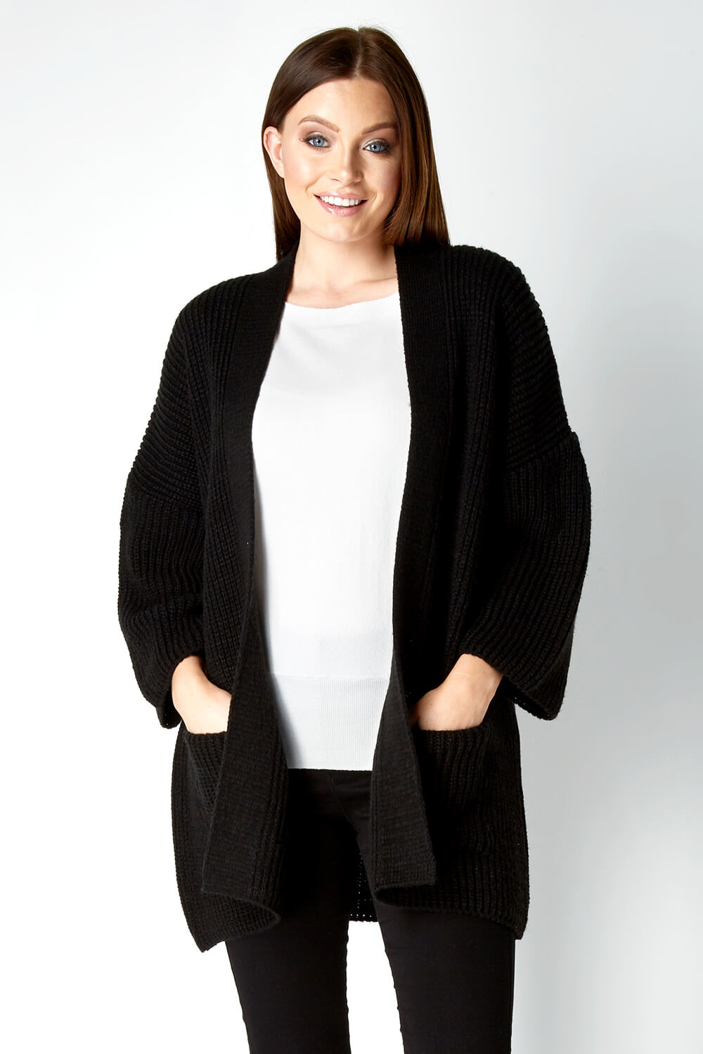 Ribbed Knit Cardigan in Black - Roman Originals UK