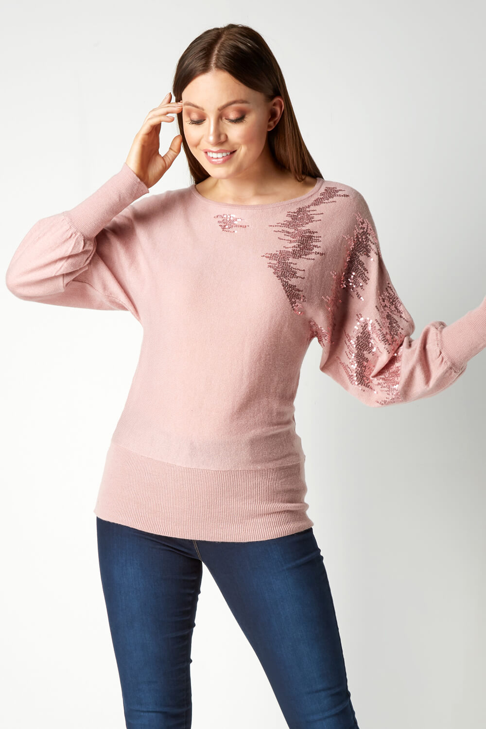Sequin Detail Batwing Jumper in Pink - Roman Originals UK