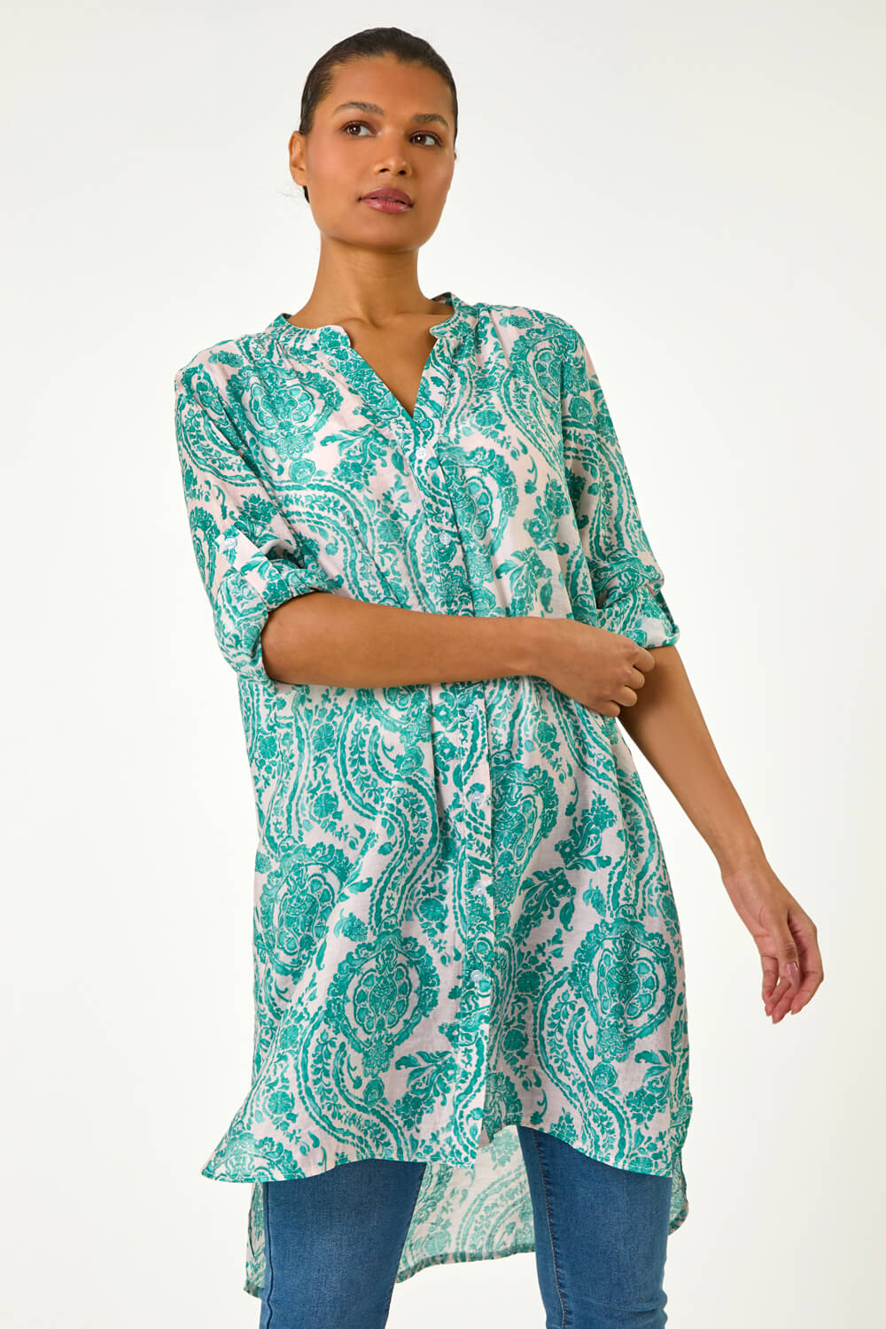 Green Paisley Print Longline Blouse | Roman UK