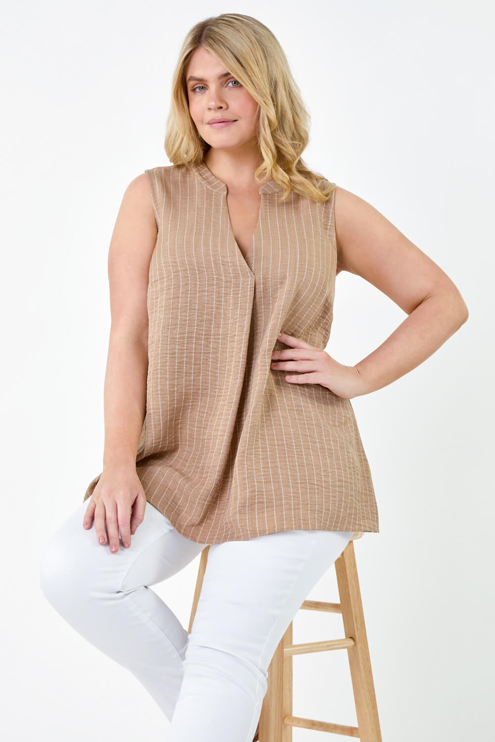 Stone Curve Stripe Print Linen Look Vest Top | Roman UK
