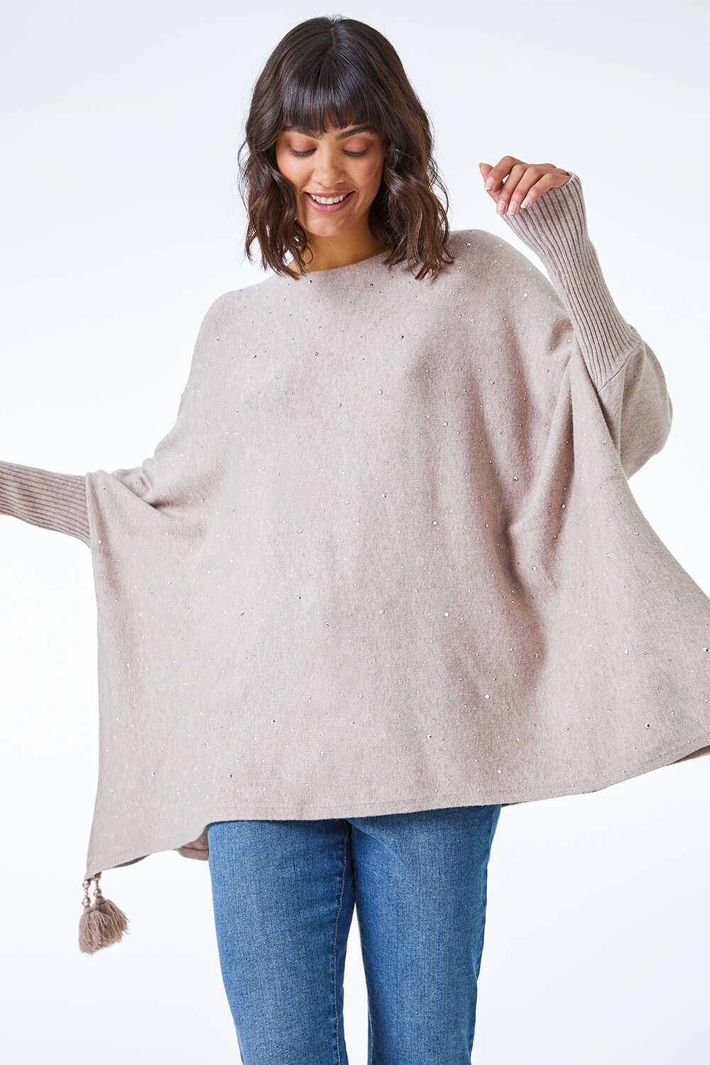 Sparkle Embellished Tassel Poncho in Natural - Roman Originals UK