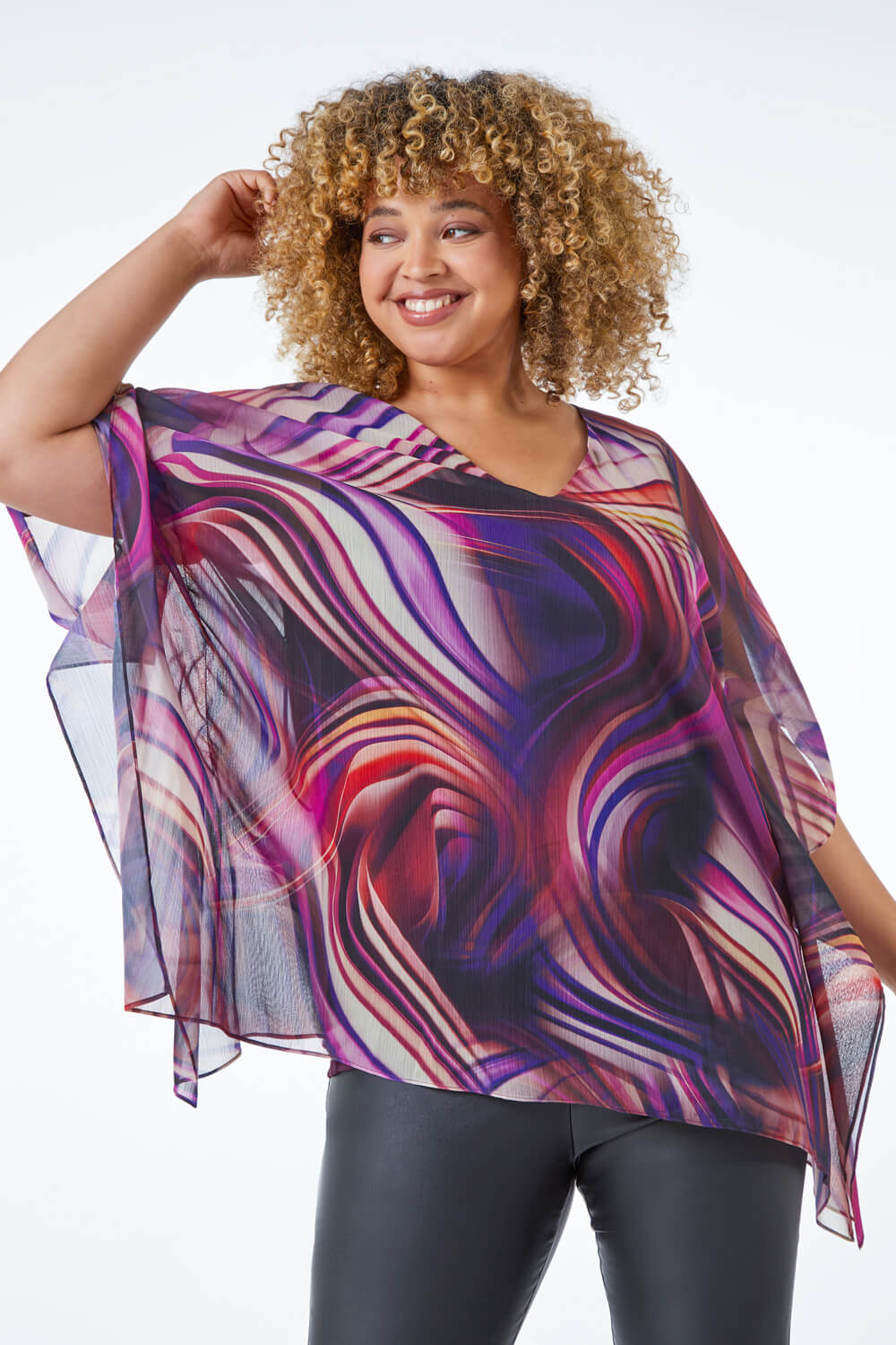 Curve Swirl Print Chiffon Top in Purple - Roman Originals UK