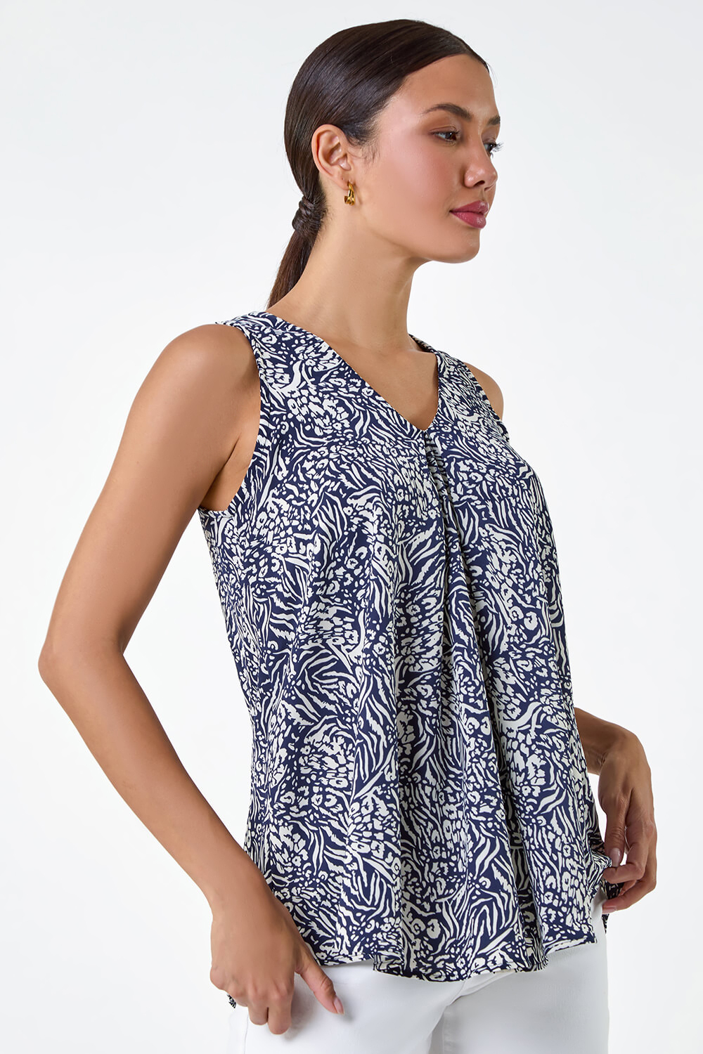 Navy Animal Print Pleat Front Top | Roman UK