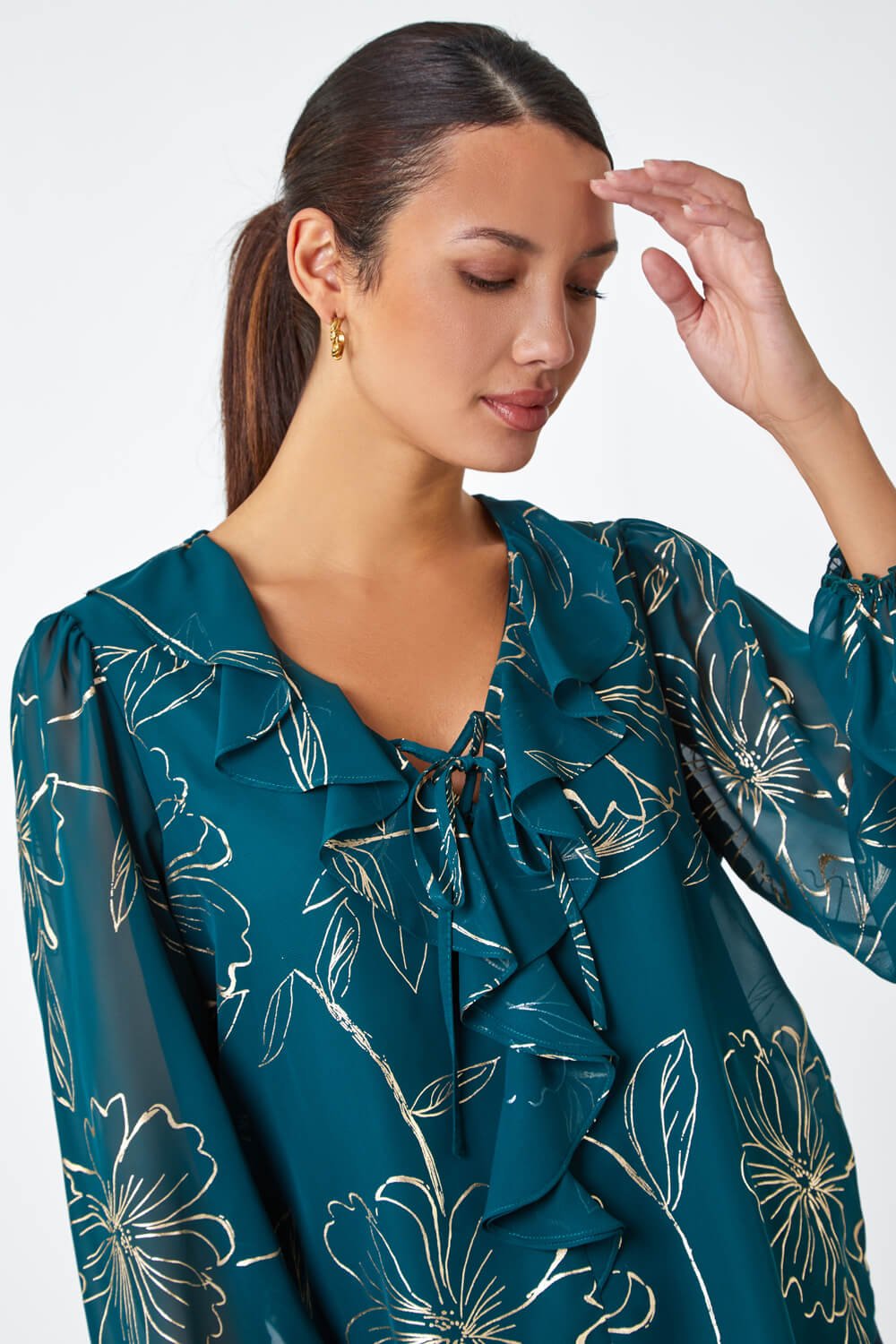 Blue Metallic Floral Print Ruffle Top | Roman UK
