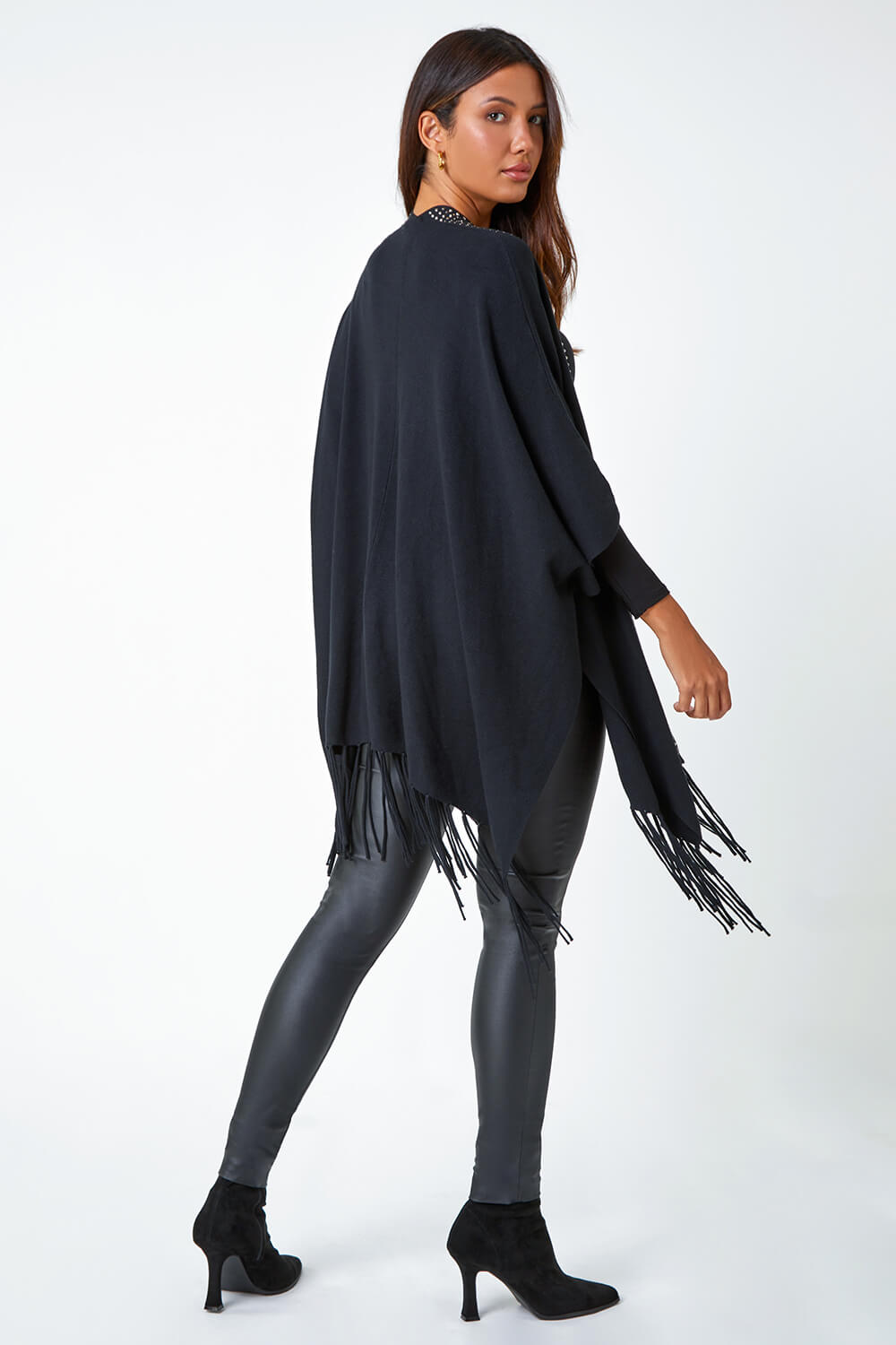Black Embellished Glitter Fringed Poncho | Roman UK